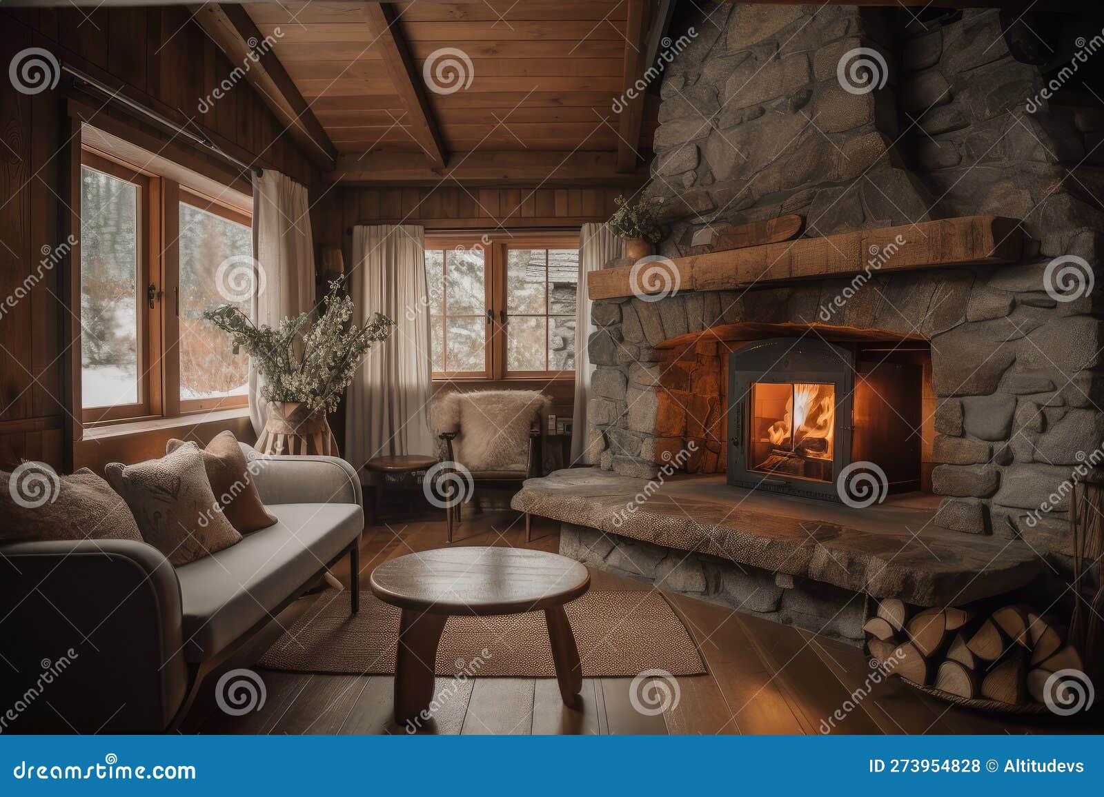 Cozy Cottage with Fireplace and Warm Decor for Winter Getaway Stock ...