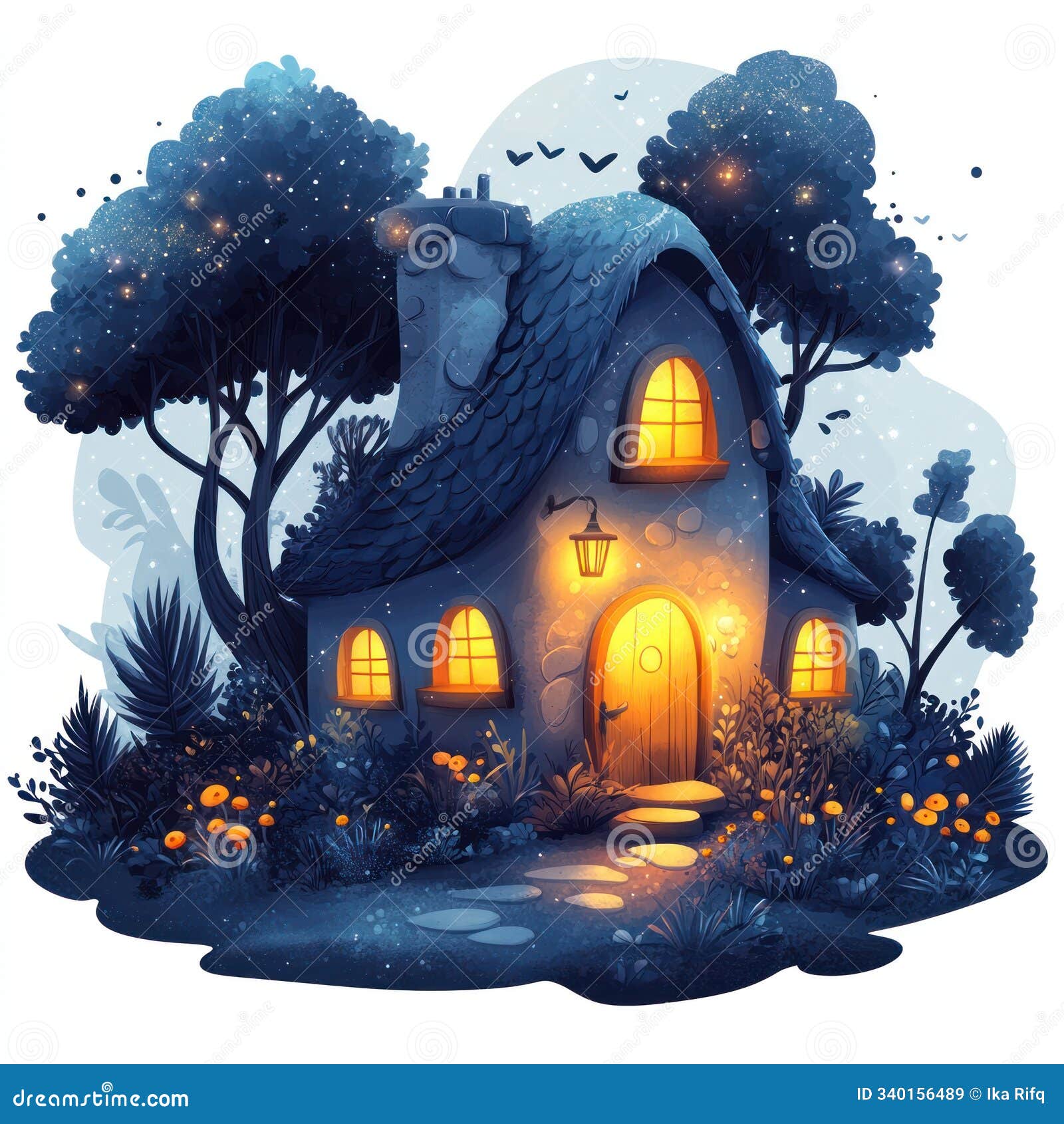 Cozy Cottage Illustration with Night Sky and Trees Stock Illustration ...