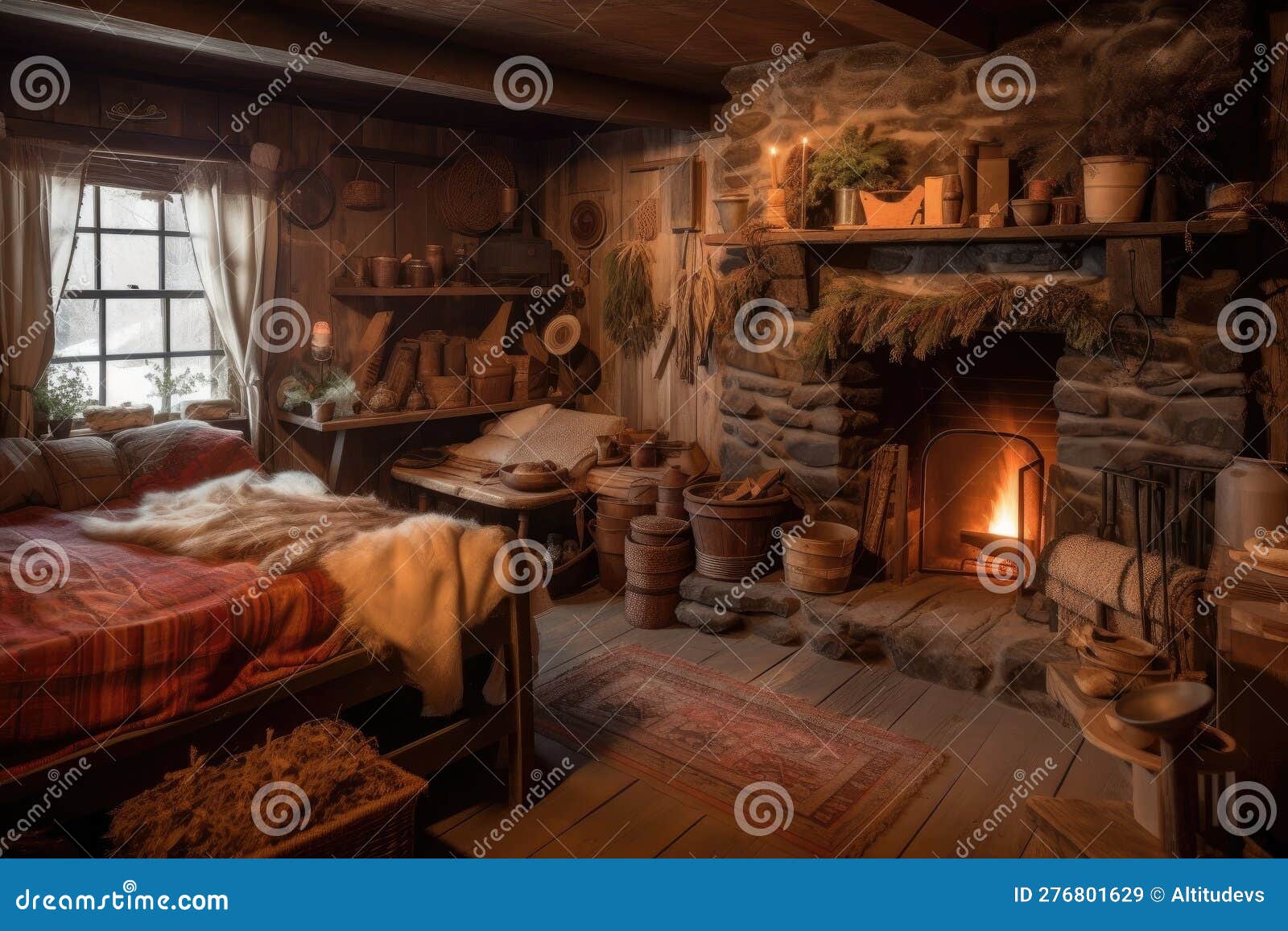 Cozy Cottage with Warm Fireplace and Rustic Decor Stock Image - Image ...