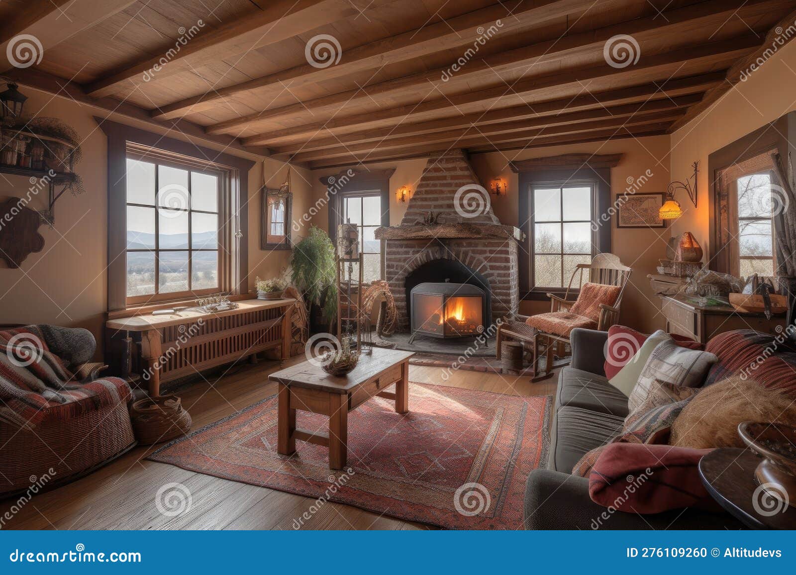Cozy Cottage with Warm Fireplace and a View of the Rolling Hills Stock ...