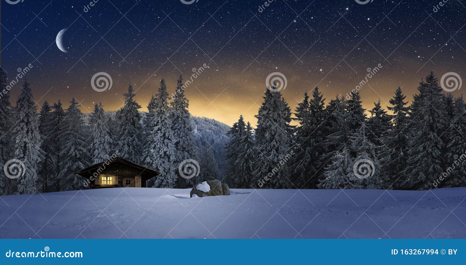 Cozy Cottage in Wintertime at Night Stock Photo - Image of cozy, night ...