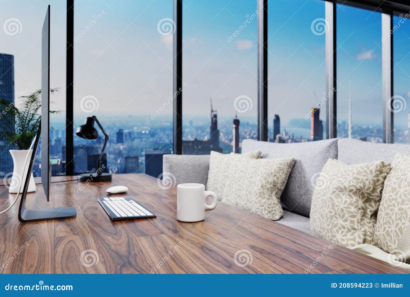 Cozy Couch In Front Of Modern Workspace With Computer And Skyline View ...