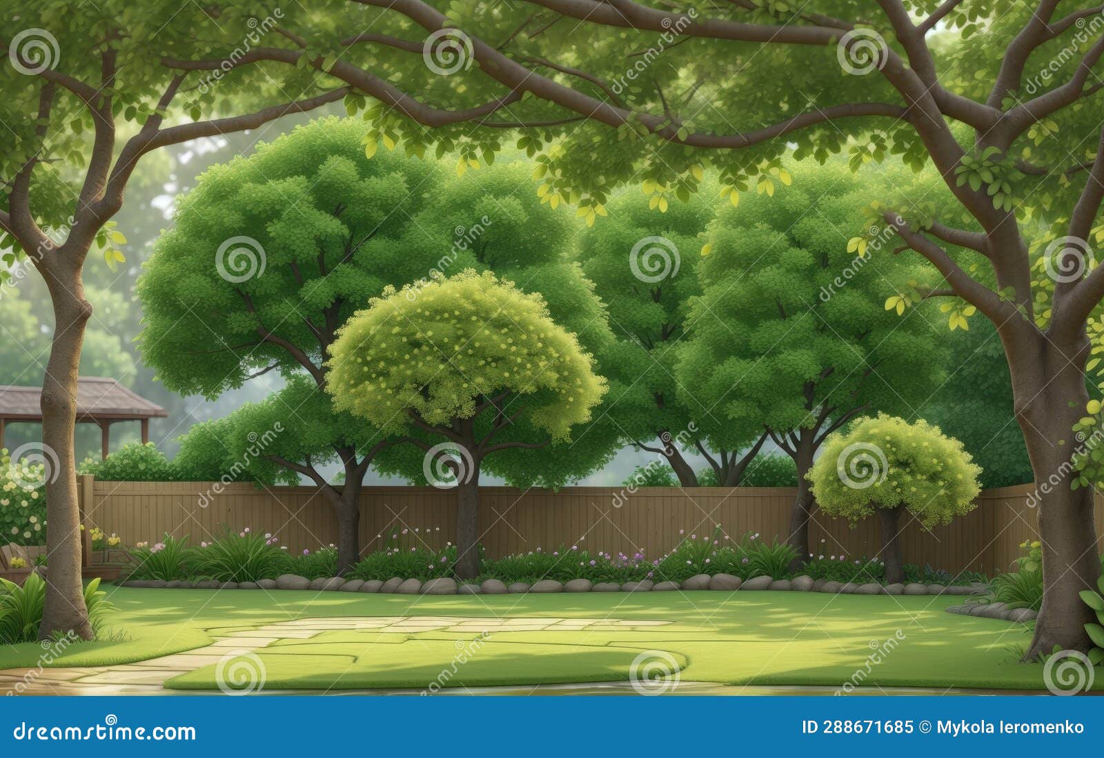 Cozy Courtyard with Green Trees in the Background Stock Illustration ...