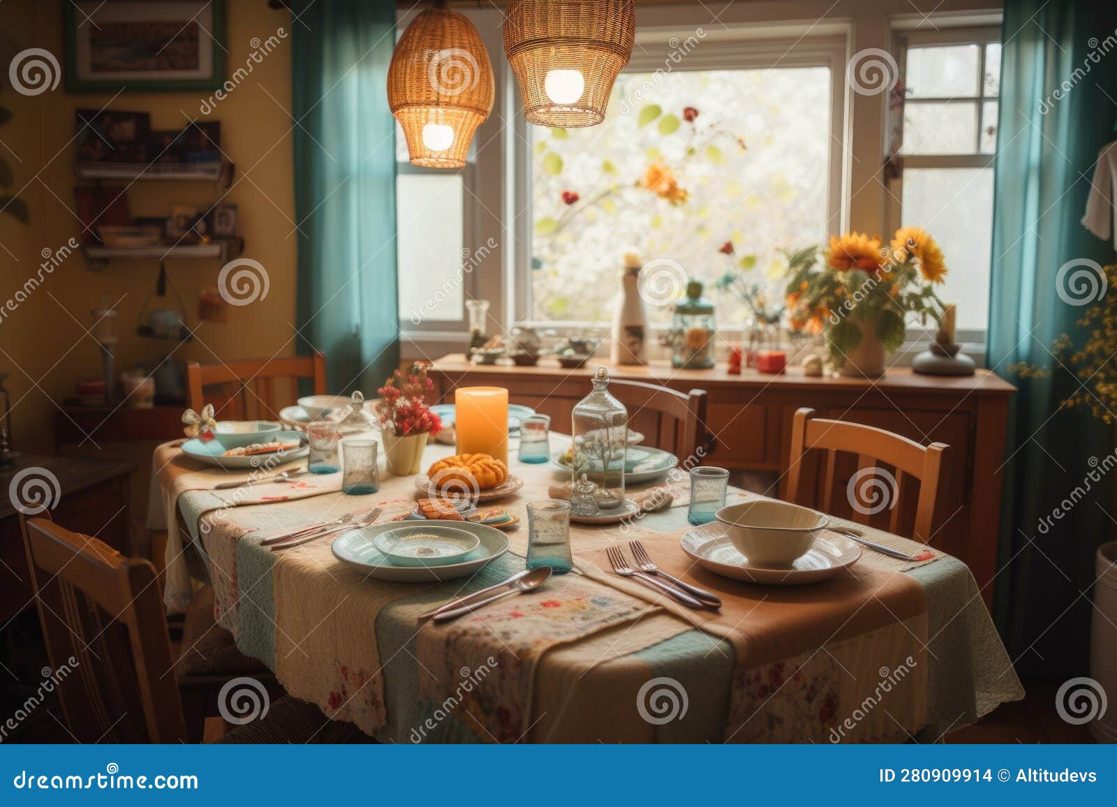 Cozy Dining Room with Whimsical Table Settings, Featuring Matching ...