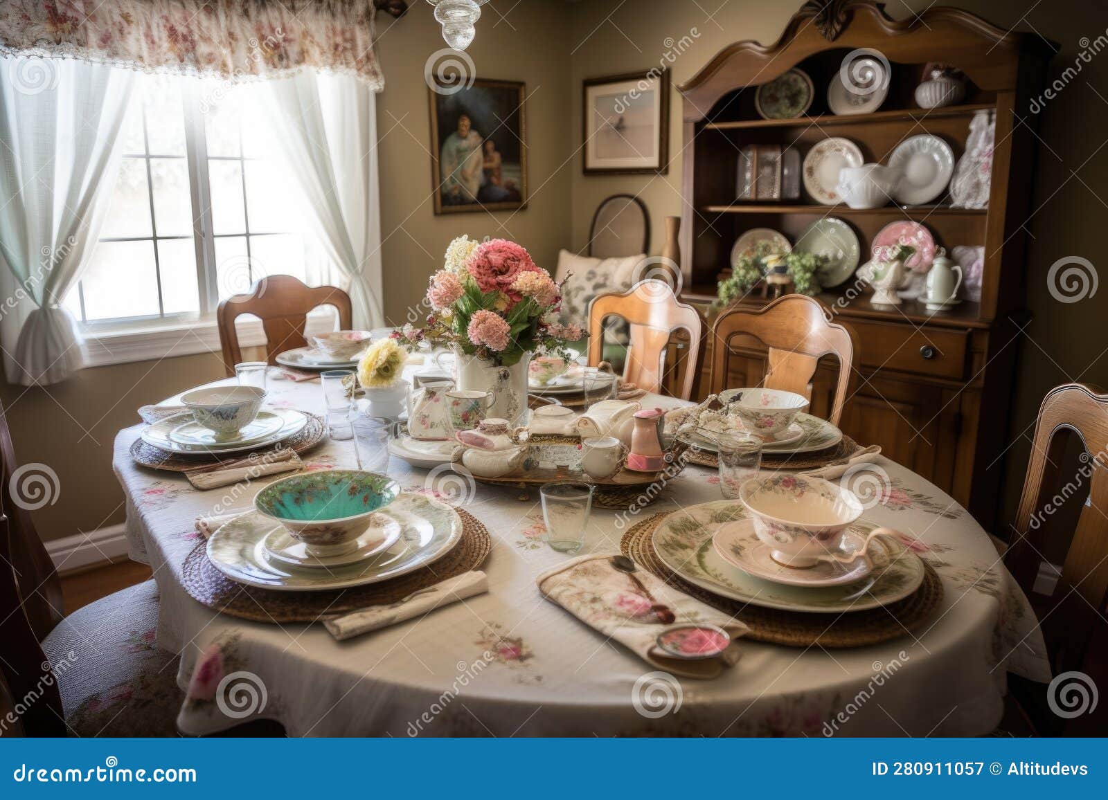 Cozy Dining Room with Whimsical Table Settings, Featuring Matching ...