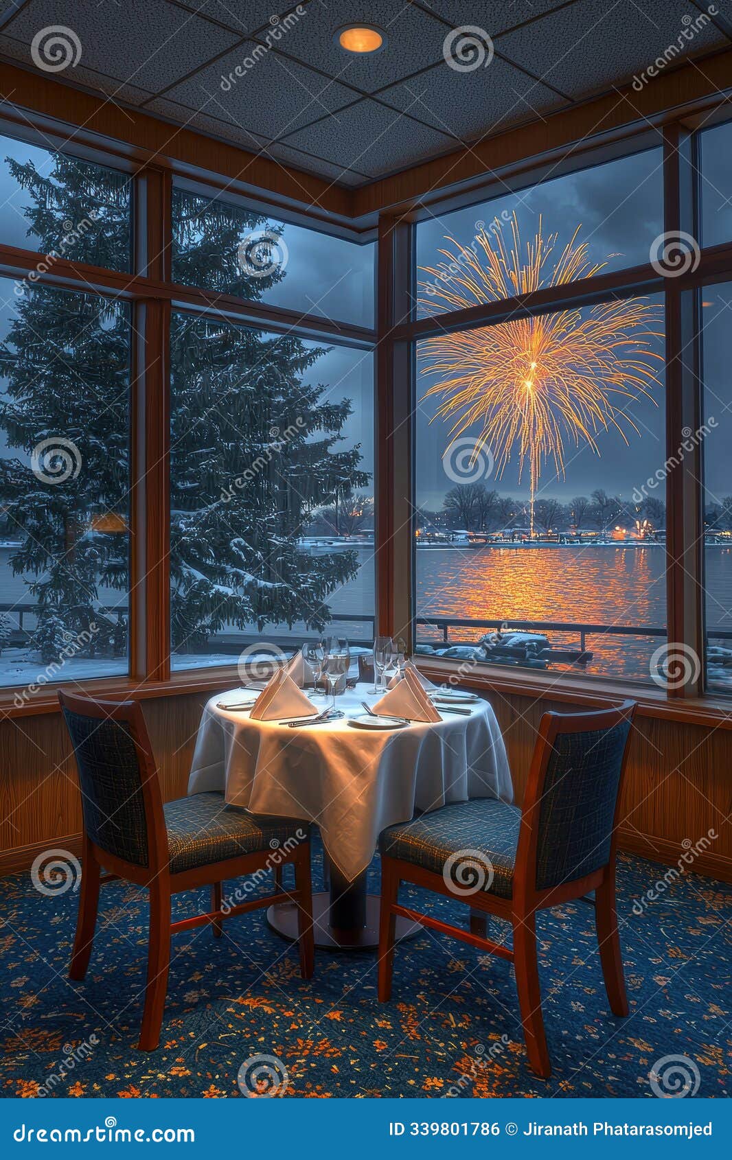 Cozy Dining Table with Fireworks View in Winter Stock Illustration ...