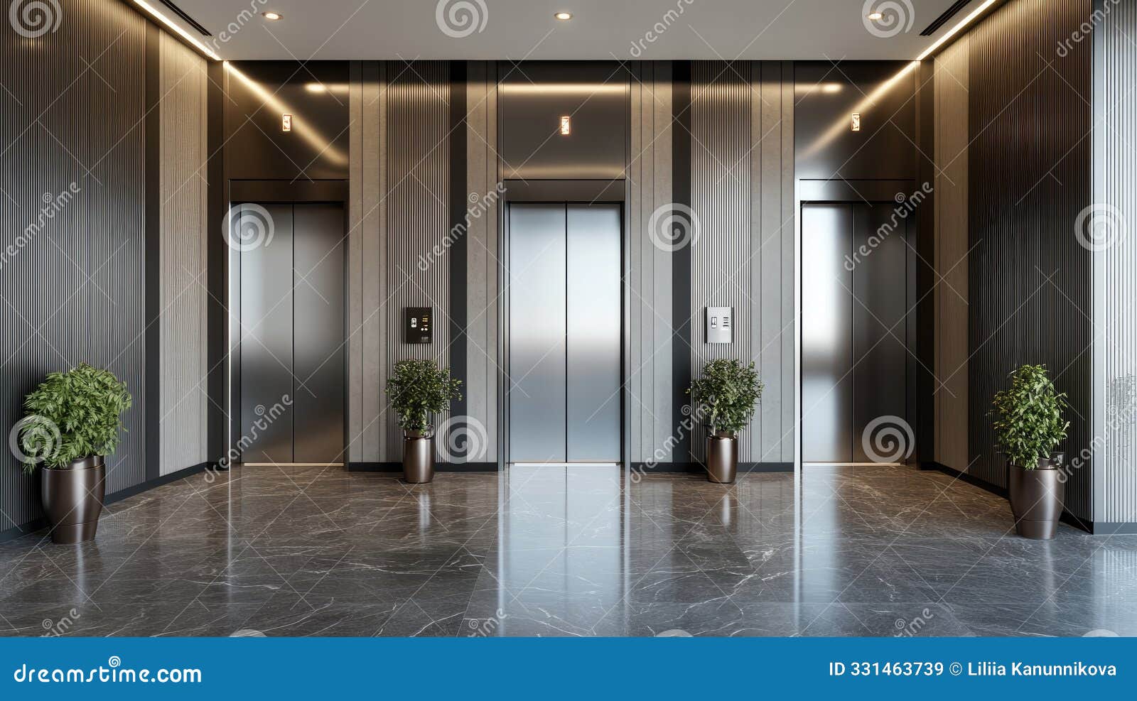 A Cozy Elevator Hall Features a Gray Marble Floor, Silver Doors, and ...