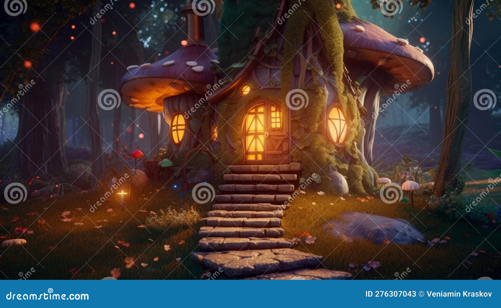 Cozy Elf House in Magical Forest Stock Illustration - Illustration of ...