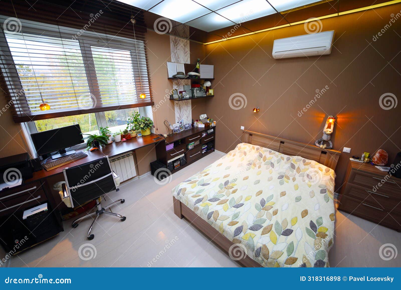Cozy Empty Modern Bedroom with Bed with Workplace Stock Photo - Image ...