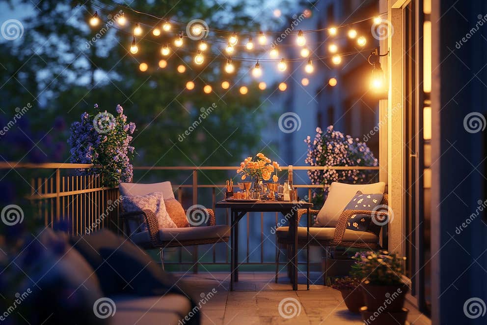 Cozy Evening Balcony with String Lights and Floral Decor Stock ...