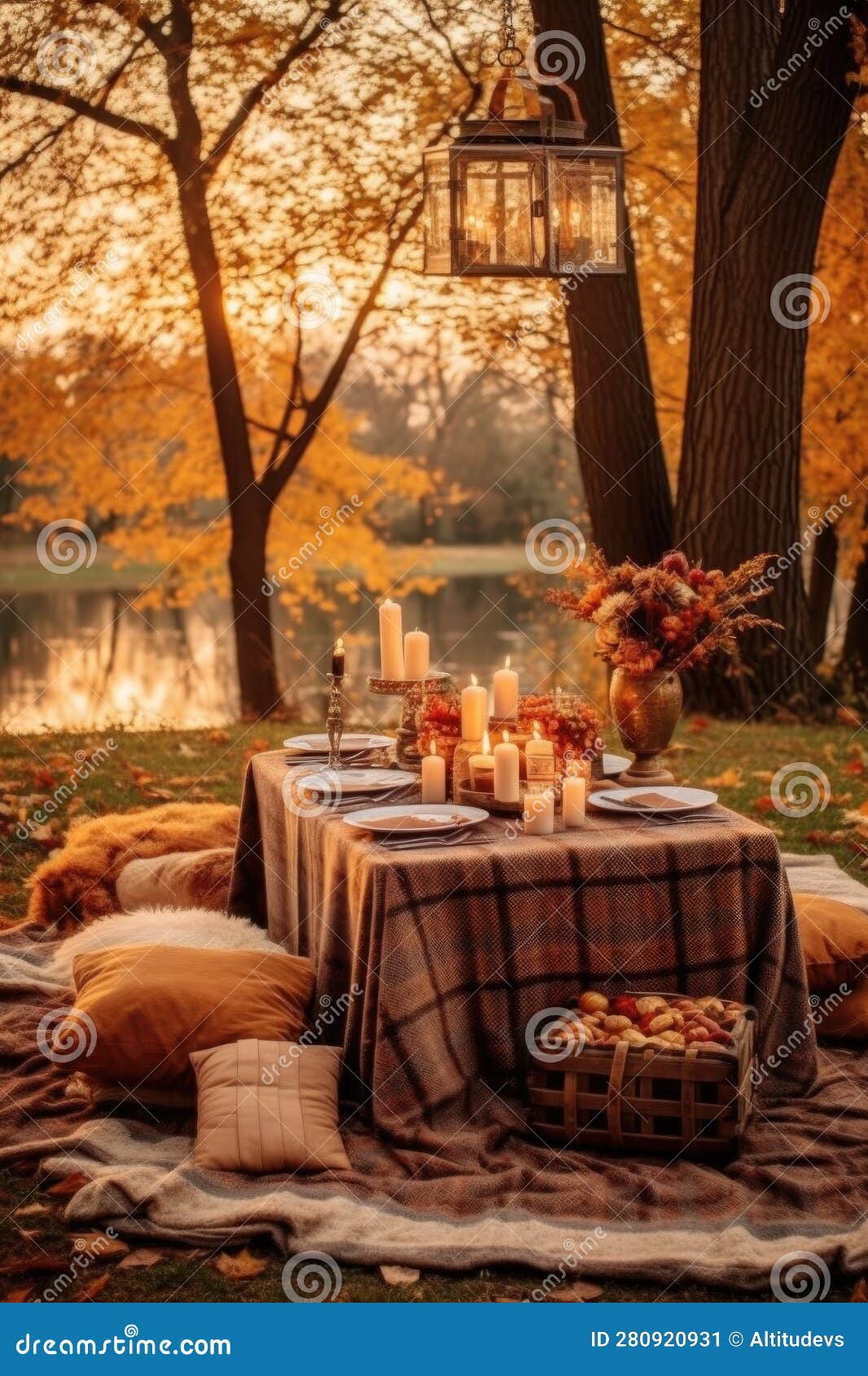 A Cozy Fall-themed Picnic Setup in a Park Stock Illustration ...