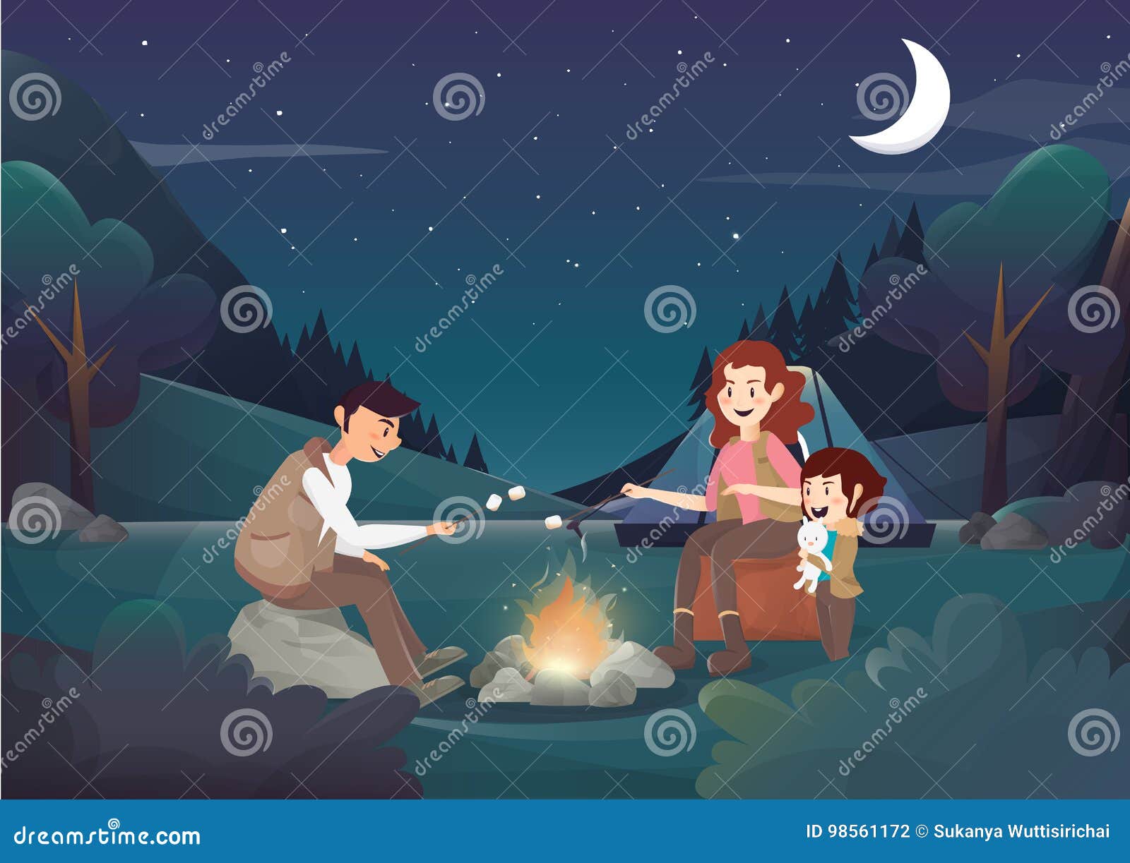 Cozy Family Camping in the Night Illustration. Stock Illustration ...