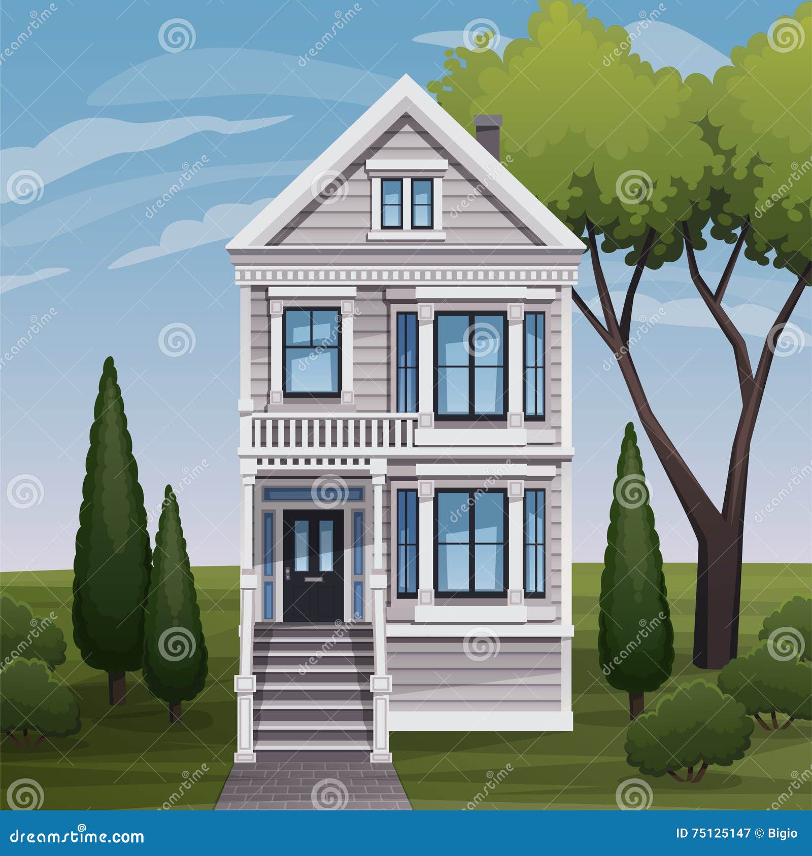 Cozy Family House Facade View. Stock Vector - Illustration of cartoon ...