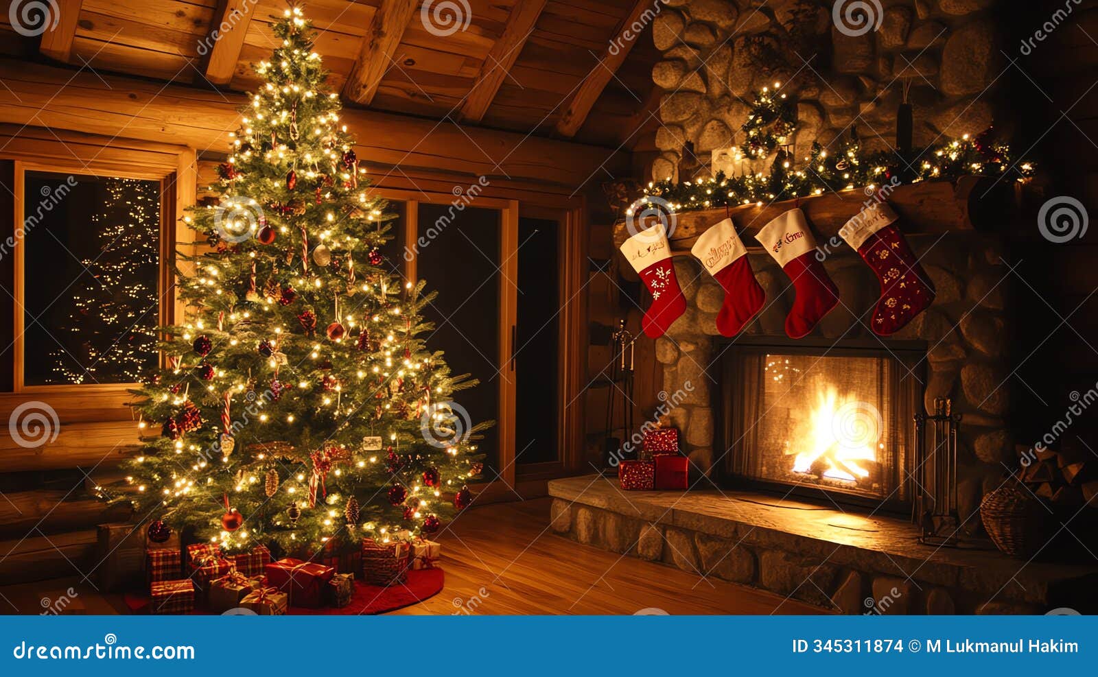 Cozy and Festive Christmas Scene Inside a Rustic Log Cabin Stock Photo ...
