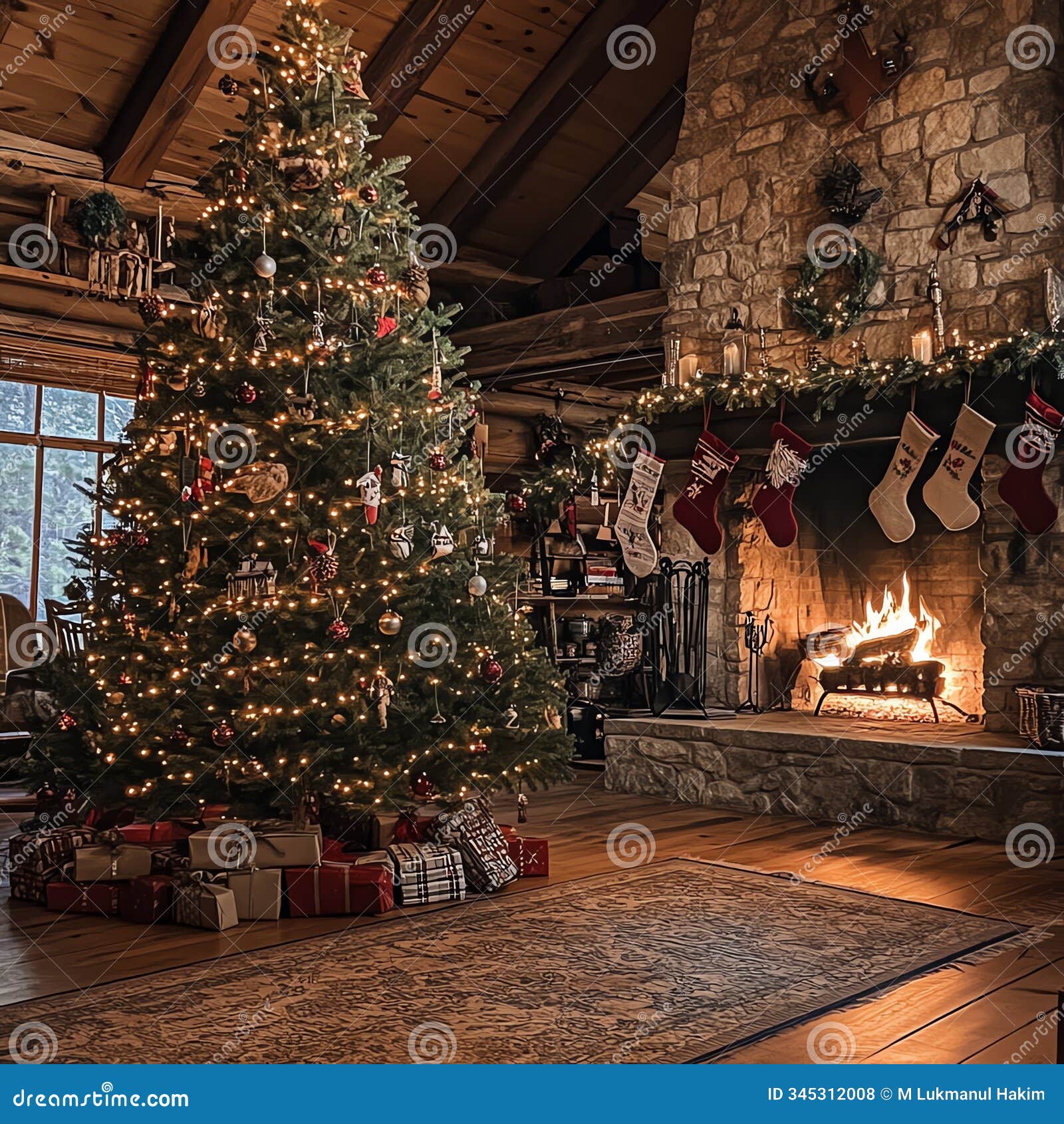Cozy and Festive Christmas Scene Inside a Rustic Log Cabin Stock Photo ...