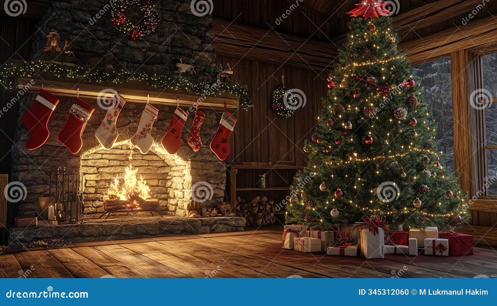 Cozy and Festive Christmas Scene Inside a Rustic Log Cabin Stock Photo ...
