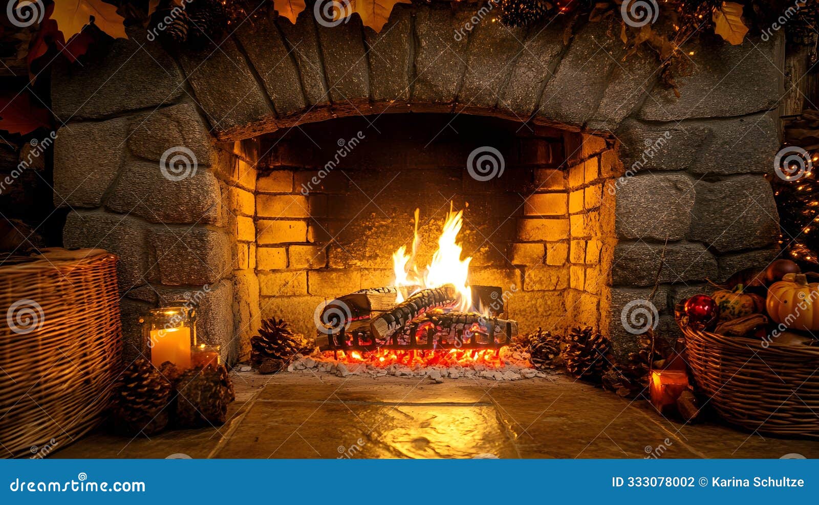 Cozy Fireplace with Crackling Fire Autumn Decorations Stock ...