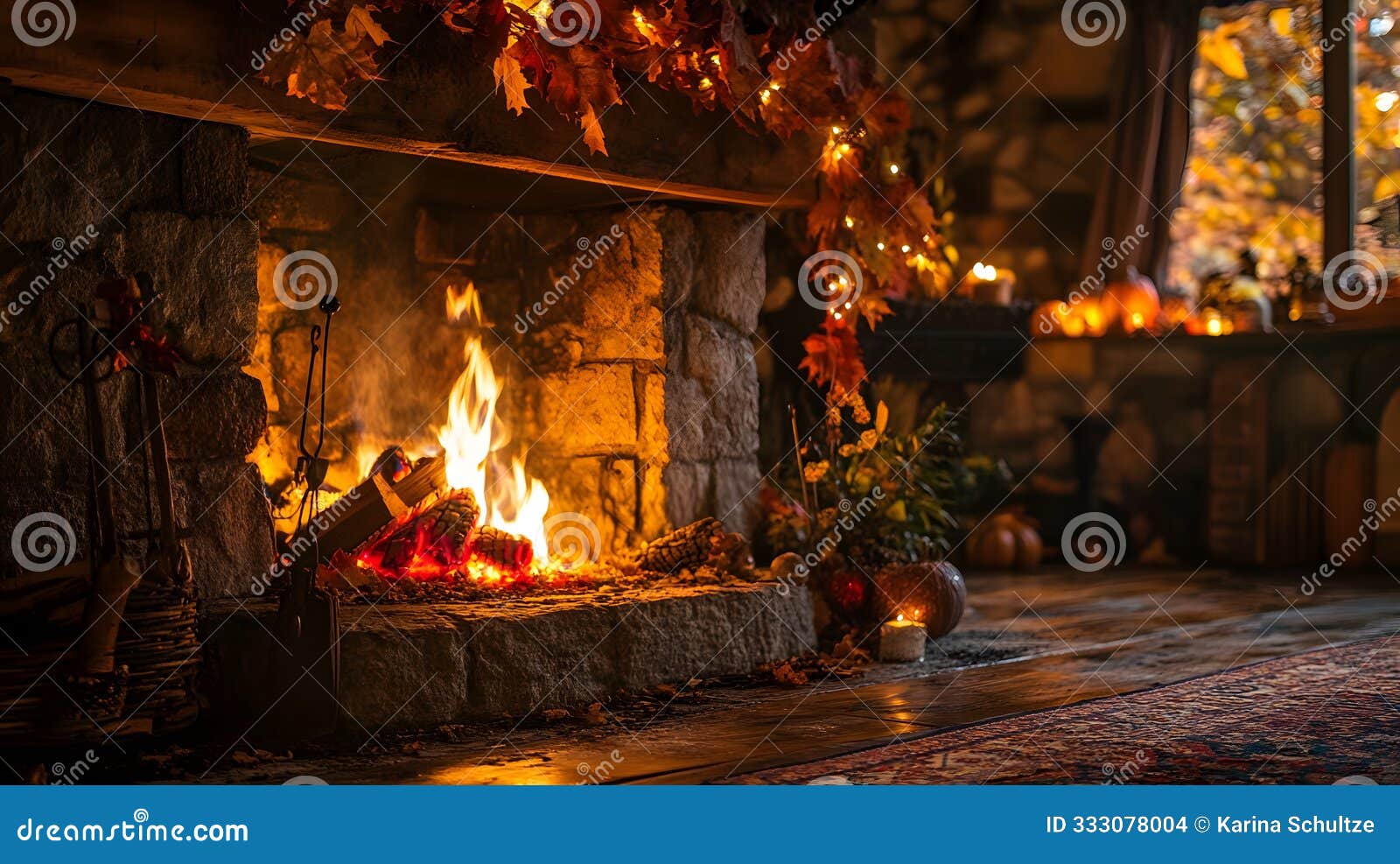Cozy Fireplace with Crackling Fire Autumn Decorations Stock ...