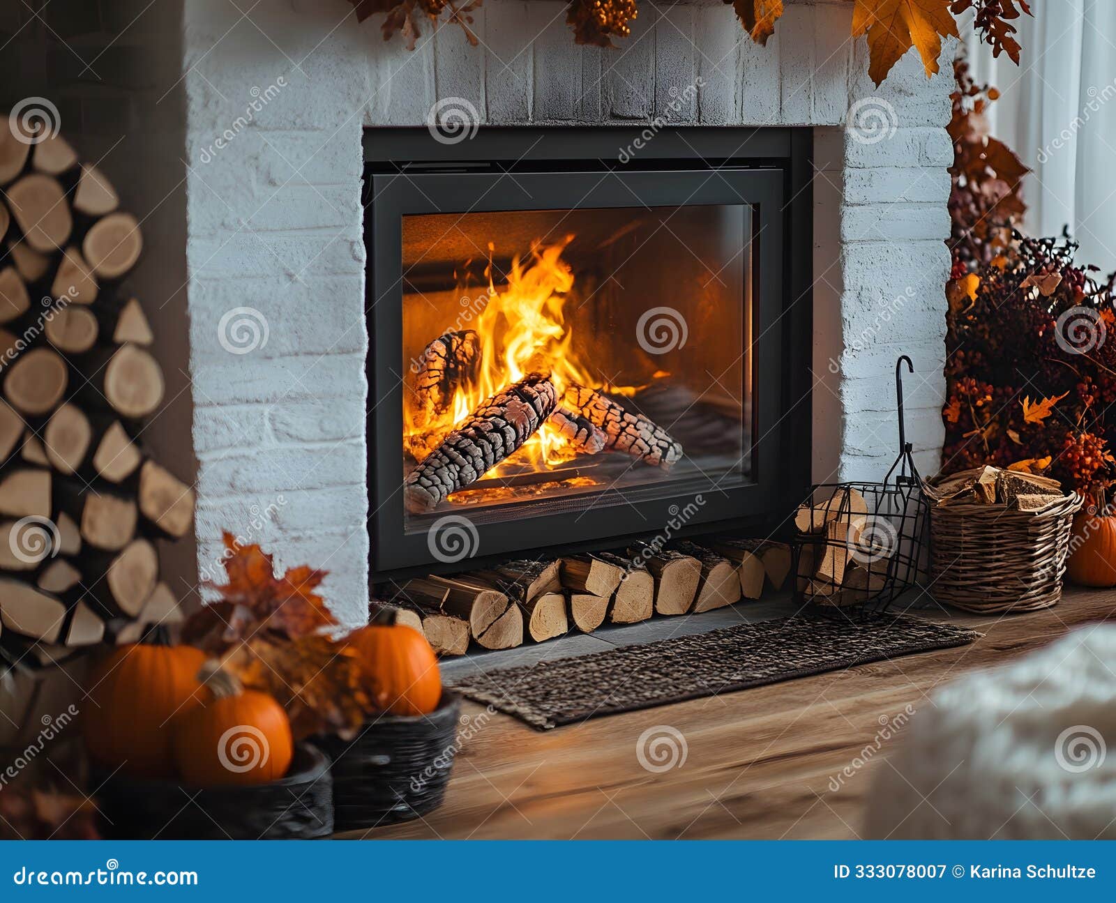 Cozy Fireplace with Crackling Fire Autumn Decorations Stock ...