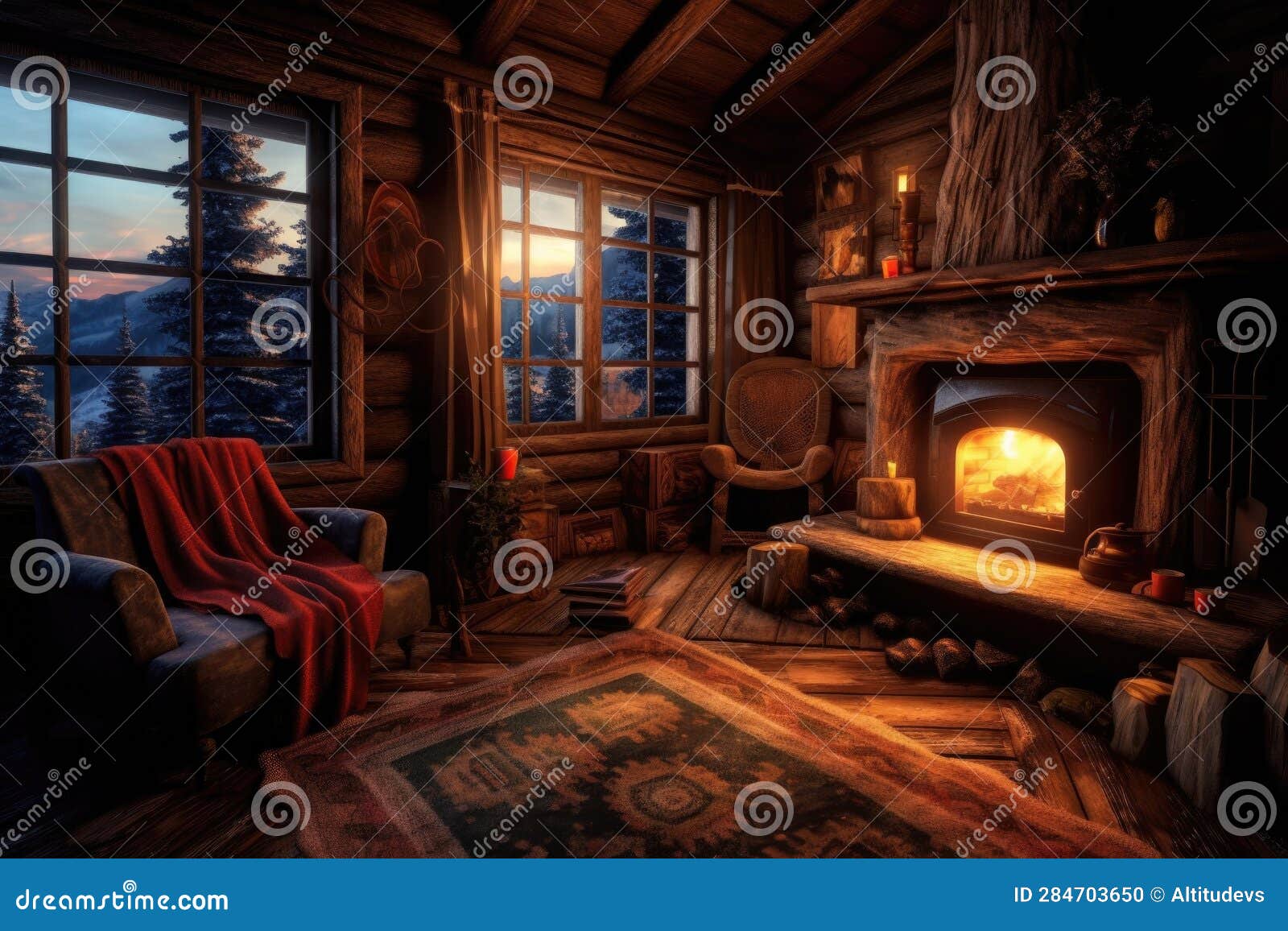 Cozy Fireplace with Crackling Fire in Cabin Stock Photo - Image of ...