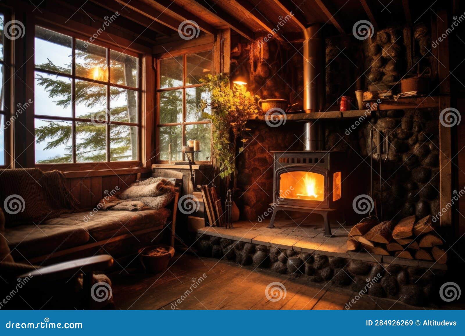 Cozy Fireplace with Crackling Fire in Cabin Stock Illustration ...