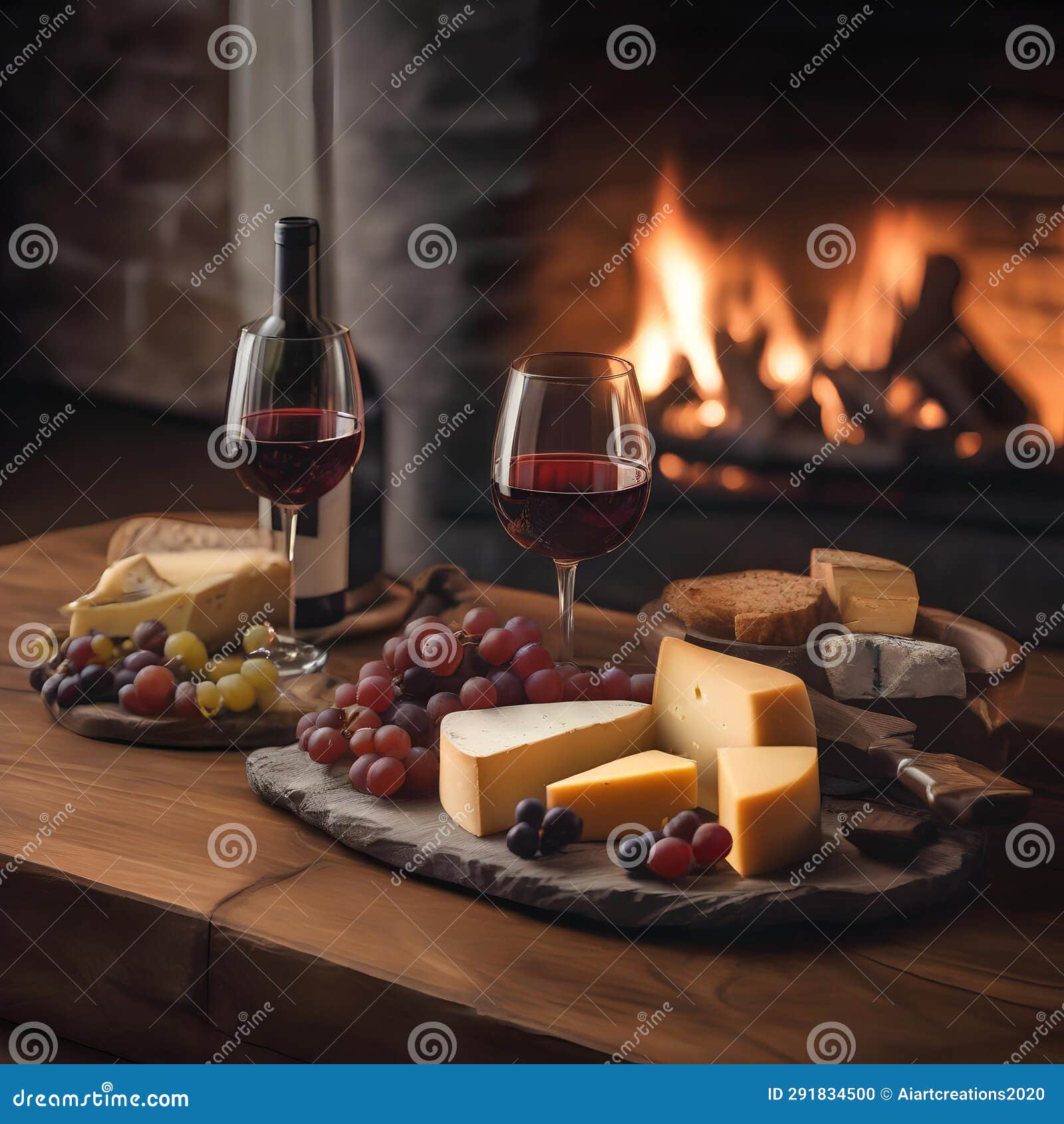 A Cozy Fireplace Setting with Two Wine Glasses and a Cheese Platter on ...