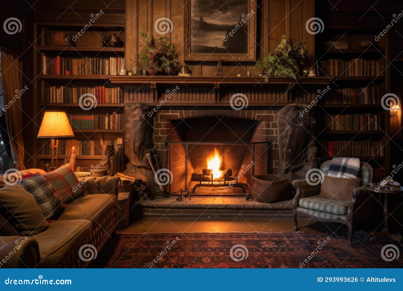 Cozy Fireplace in a Wood-panelled Den Stock Photo - Image of generated ...