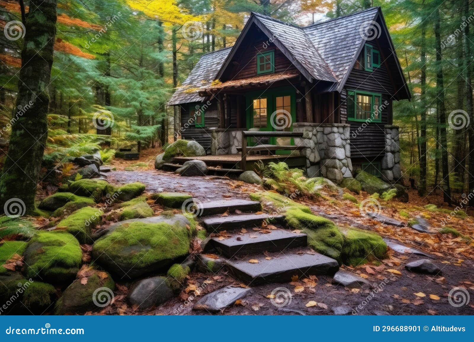 Cozy Forest Cabin Featuring Natural Stone Area Stock Image - Image of ...