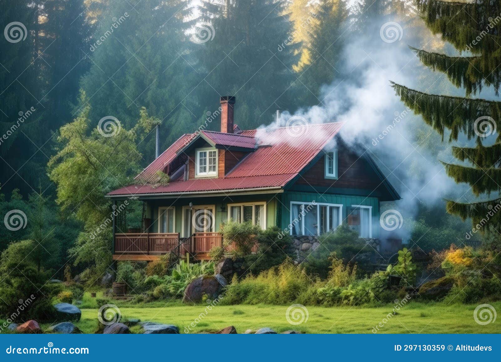 Cozy Forest Cottage with Smoke Curling from Its Chimney Stock Image ...