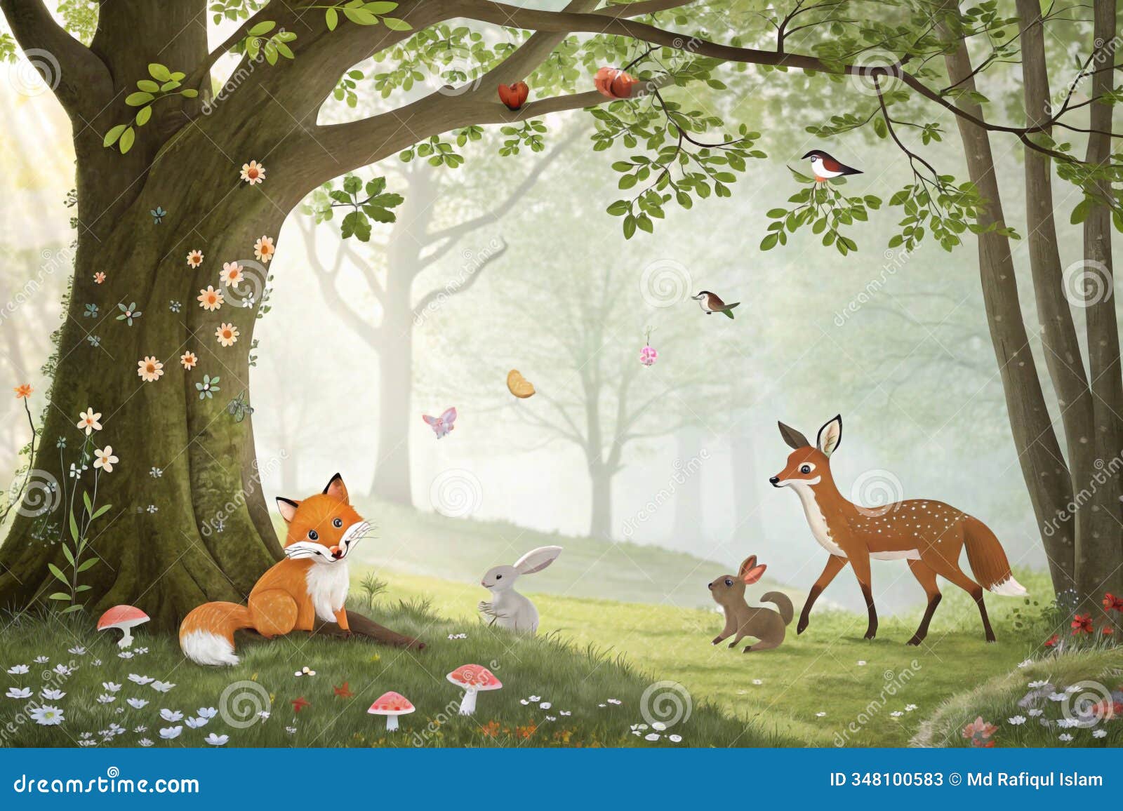 A Cozy Forest Scene with Animals Stock Illustration - Illustration of ...
