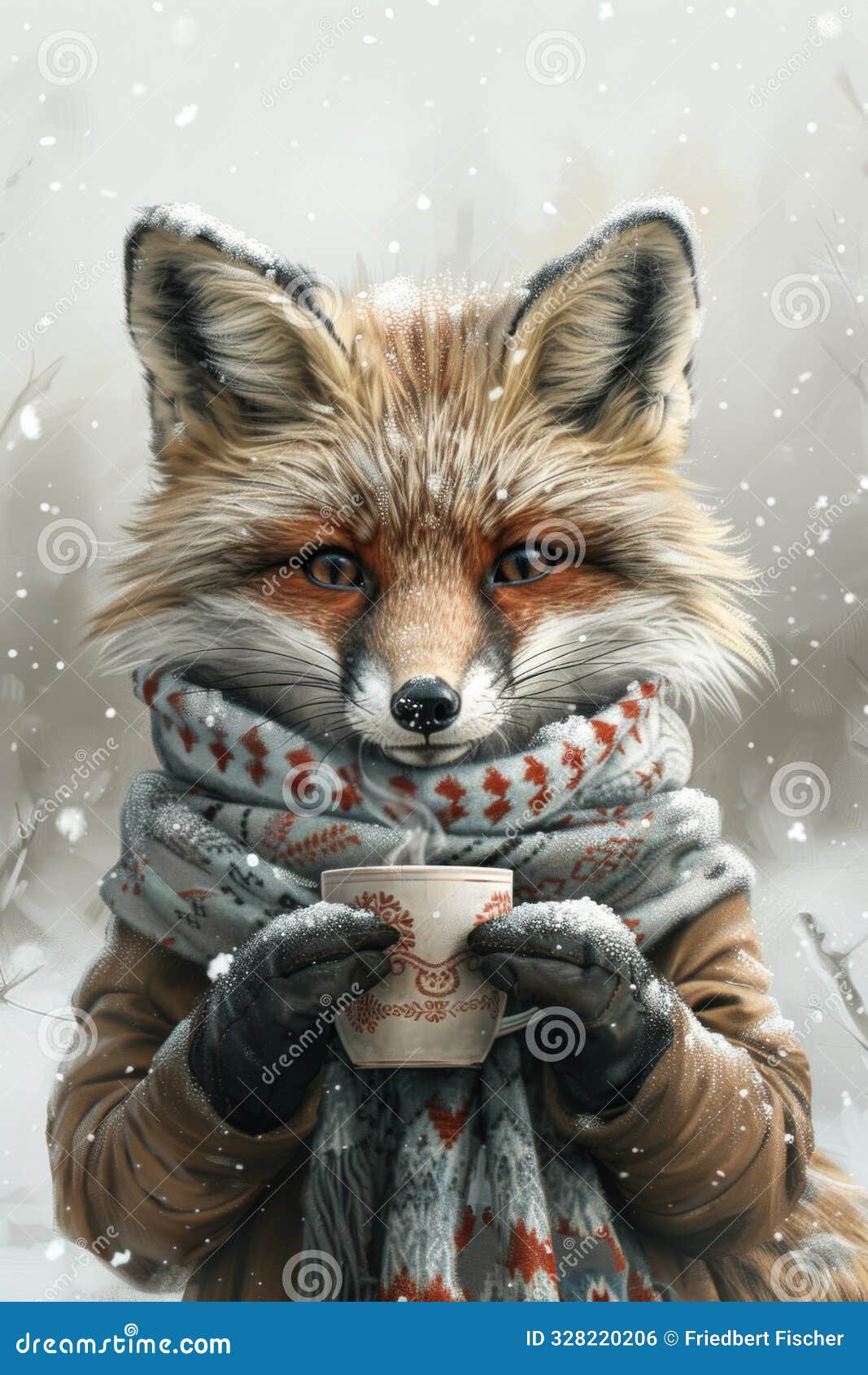 Cozy Fox in Winter Scarf Holding Hot Drink with Snowfall Background ...