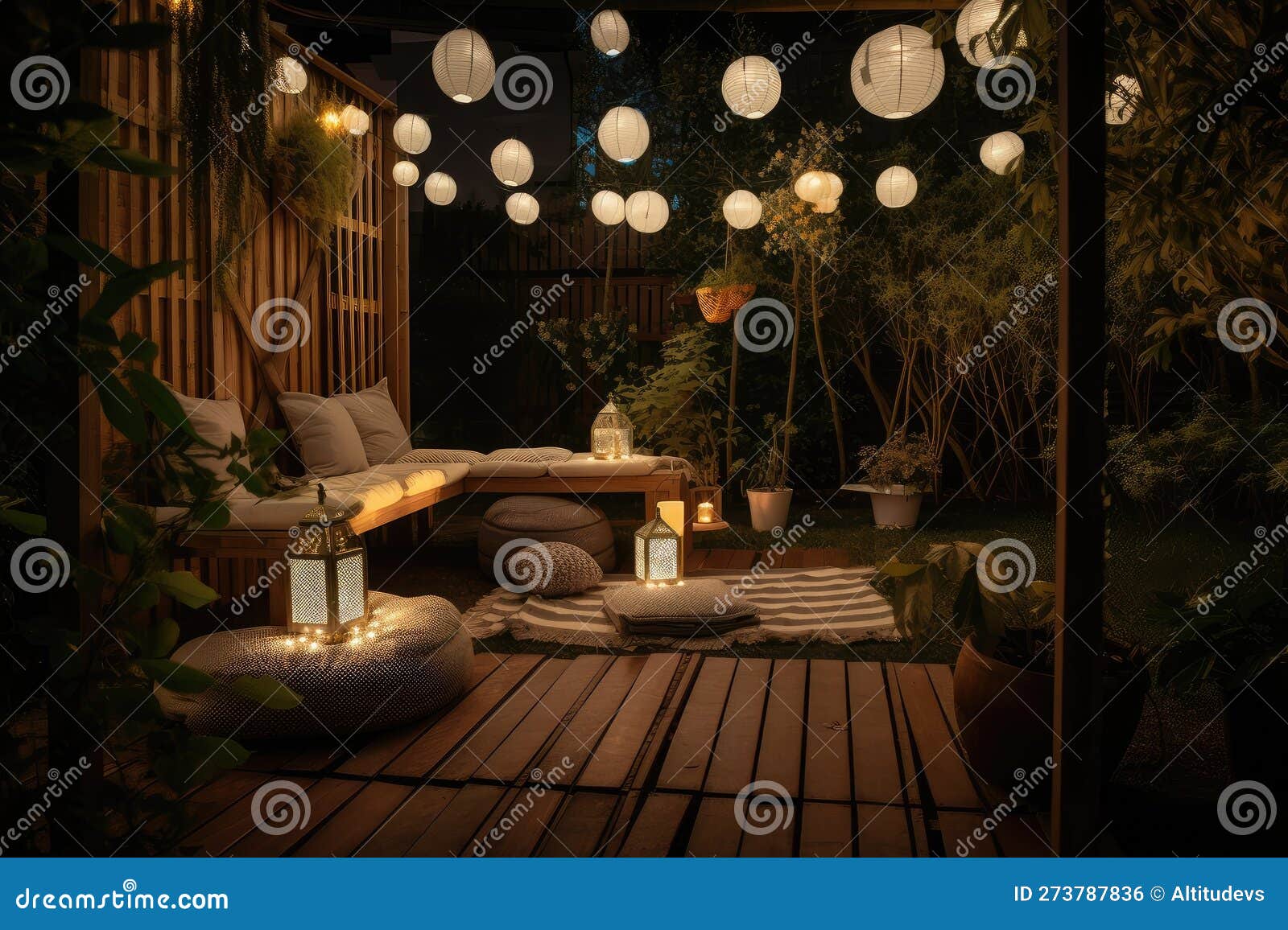Cozy Garden Setting with Lanterns and String Lights Creating a Warm and ...