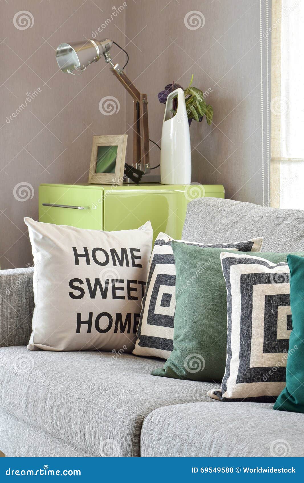 Cozy Gray Sofa with Geometry Pattern Pillows Stock Photo - Image of ...