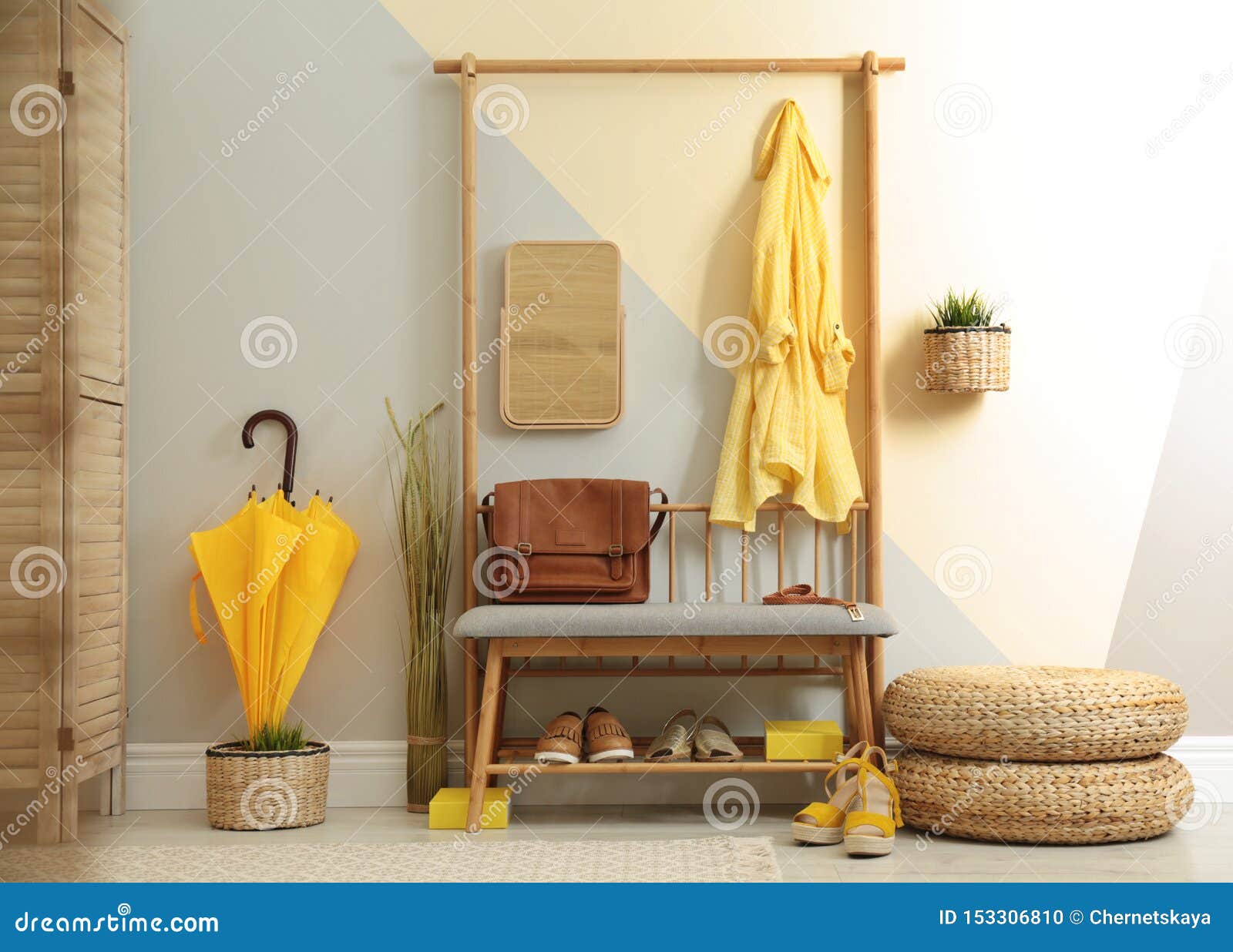 Cozy Hallway Interior with Storage Bench and Design Elements Stock ...