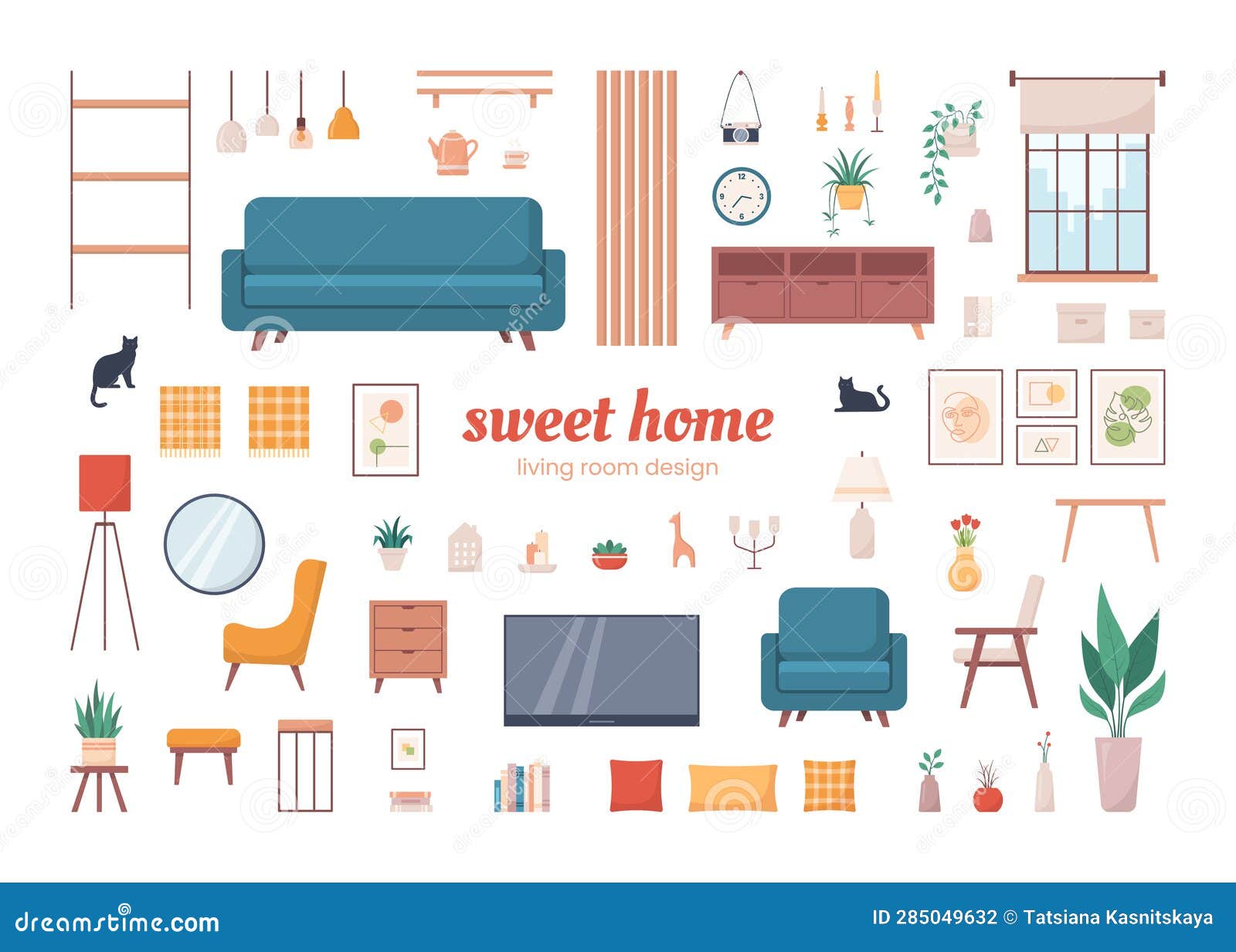 Cozy Home Interior Design Objects Set. Living Room Interior Stock ...