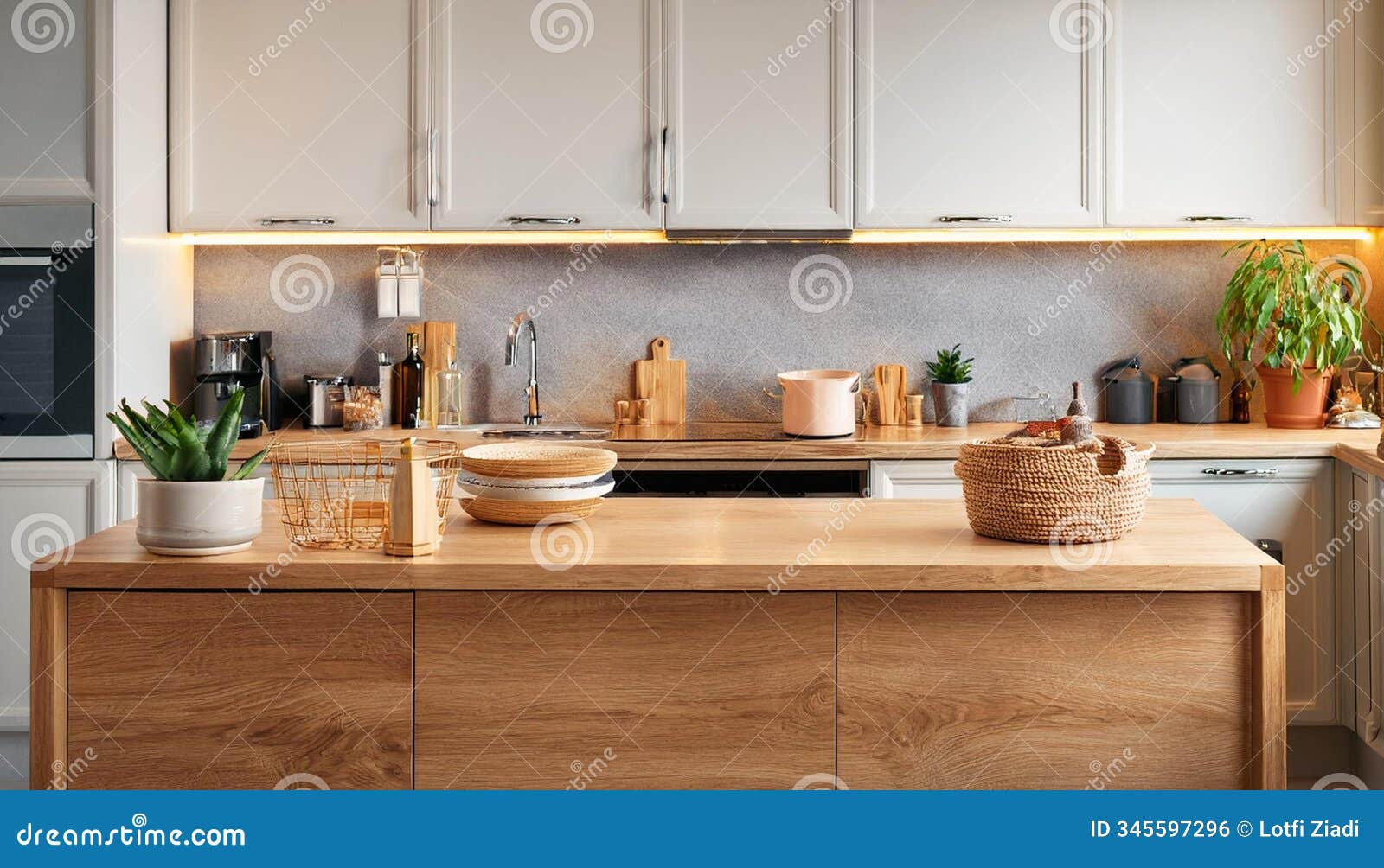 Cozy Home Kitchen Interior with Cooking Cabinet, Bar Island and ...