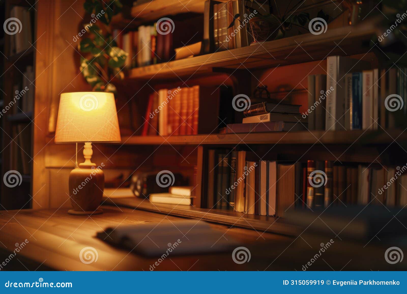 Cozy Home Library Corner with Warm Table Lamp and Bookshelves Stock ...