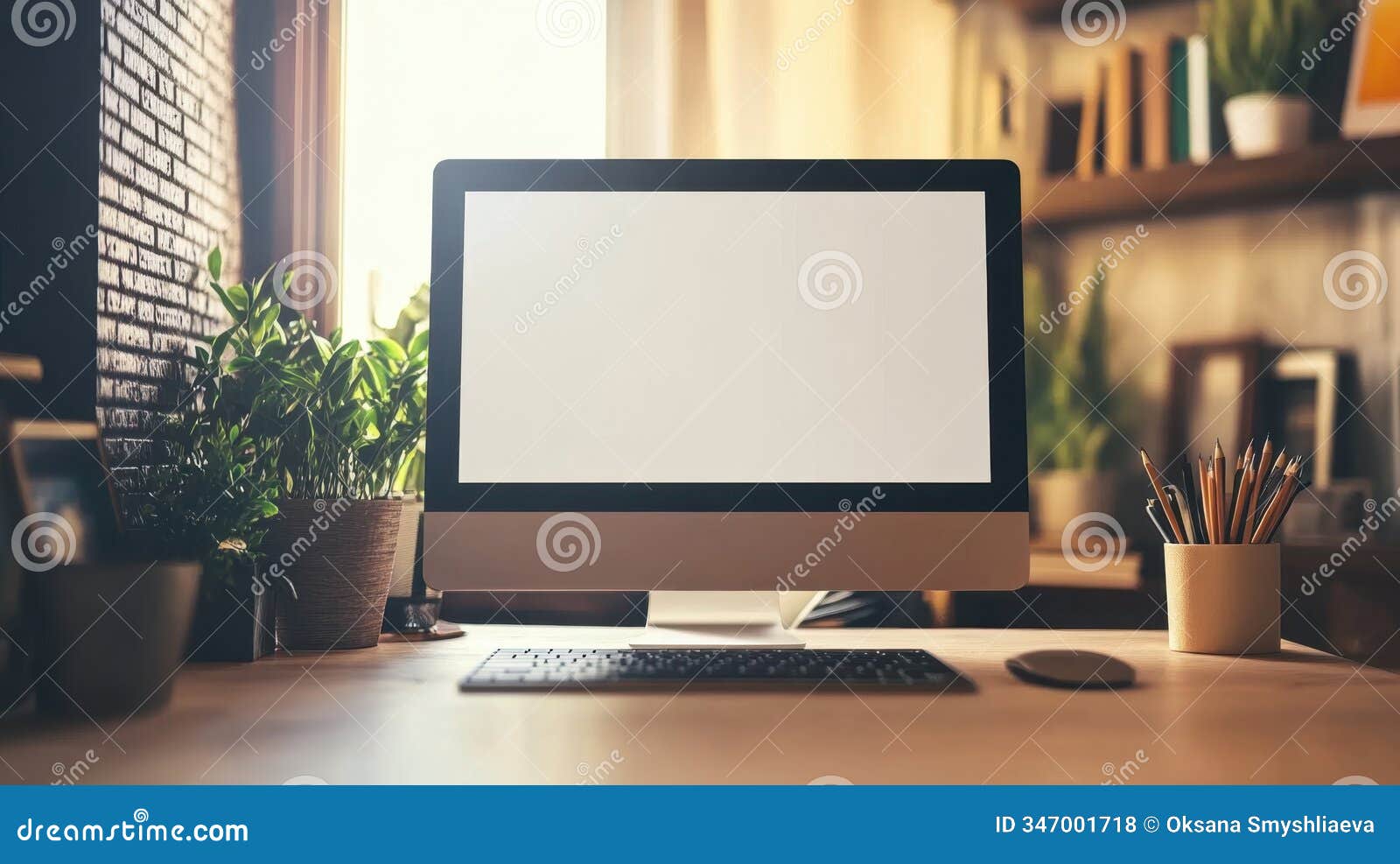 Cozy Home Office Setup with Blank Computer Screen Stock Photo - Image ...