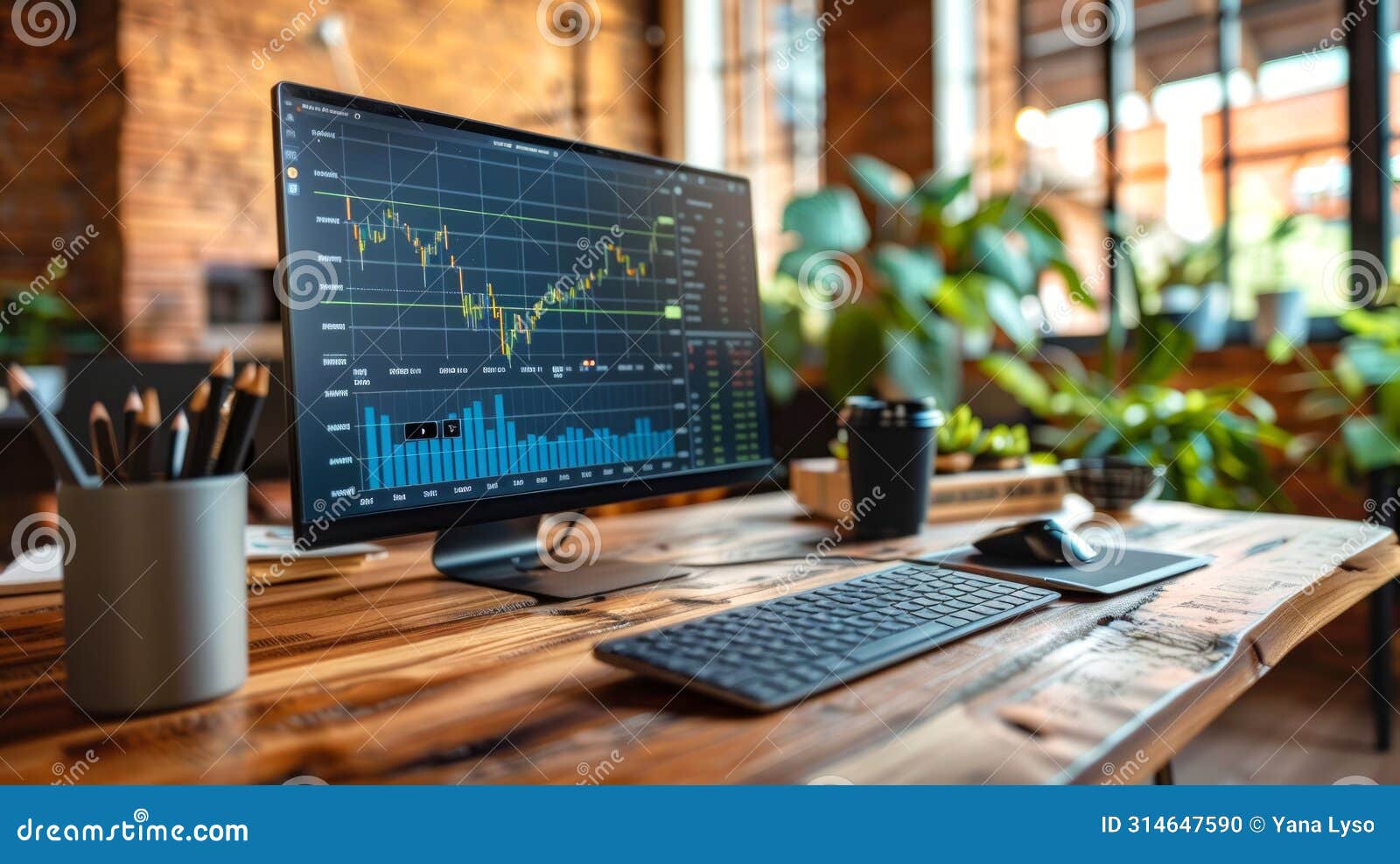 Cozy Home Office with Stock Market Analysis on Screen. Computer Display of Trading Charts in a ...