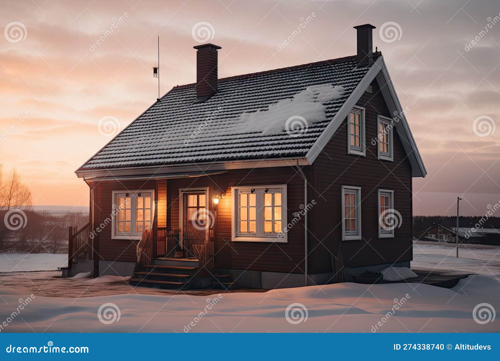 Cozy House Exterior with Sunset in the Background, Creating Warm and ...