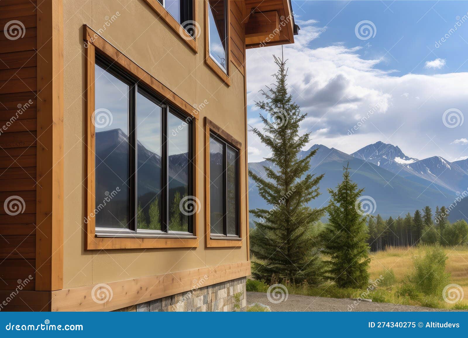 Cozy House Exterior with Window View of Scenic Mountain Range Stock ...