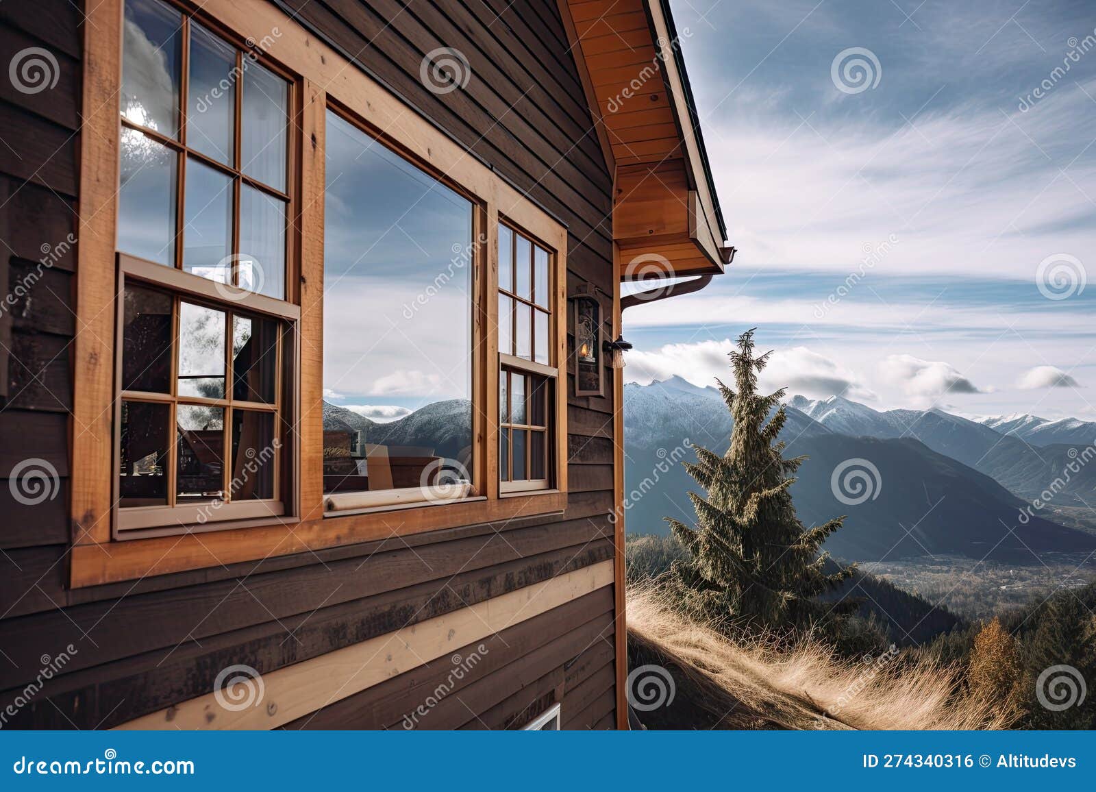 Cozy House Exterior with Window View of Scenic Mountain Range Stock ...