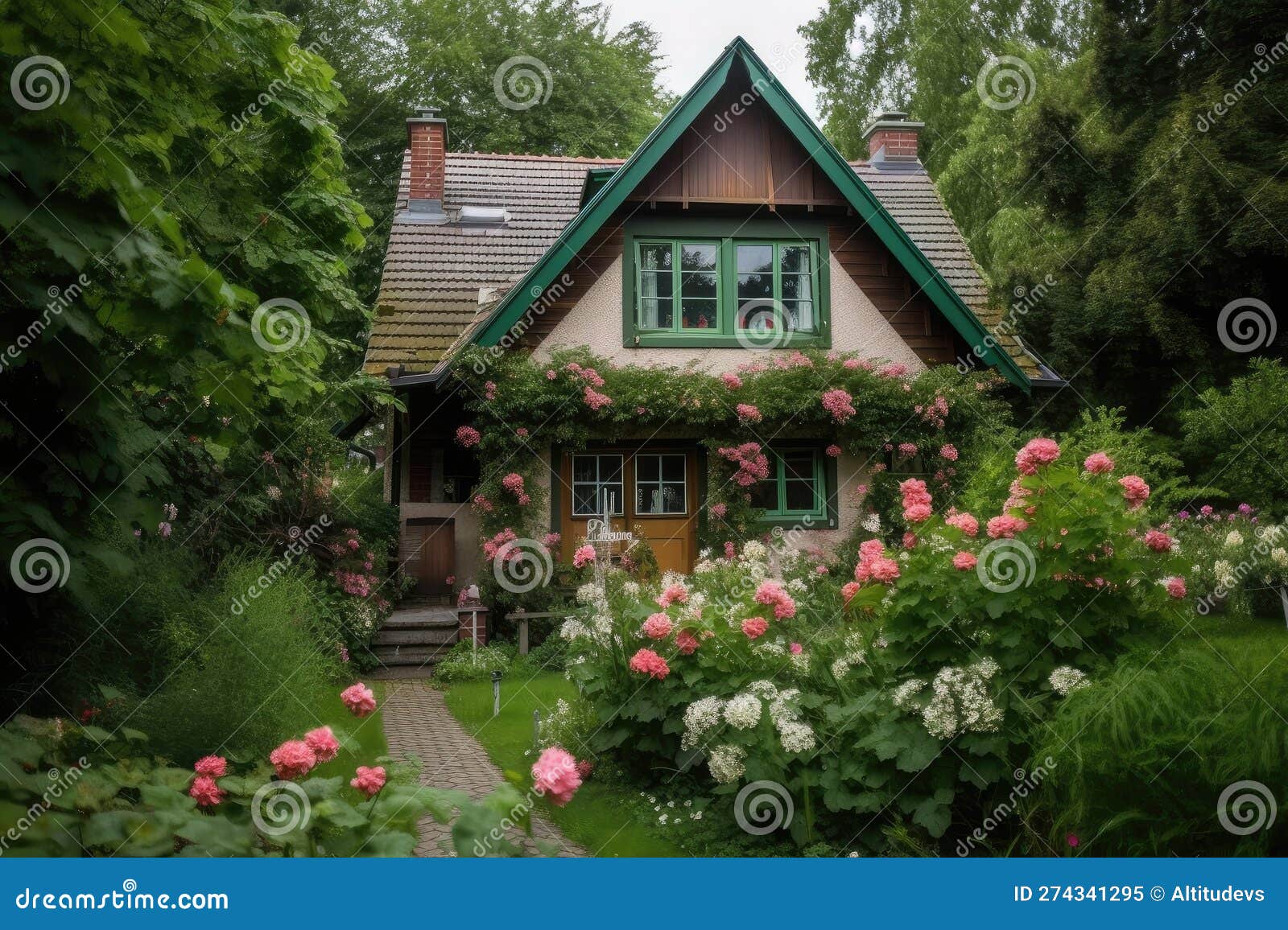 Cozy House Surrounded by Blooming Flowers and Greenery Stock Image ...