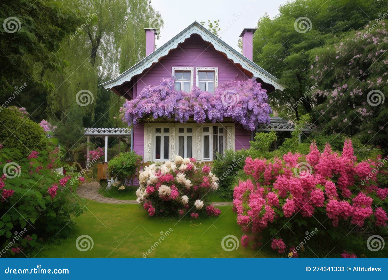 Cozy House Surrounded by Blooming Flowers and Greenery Stock Image ...