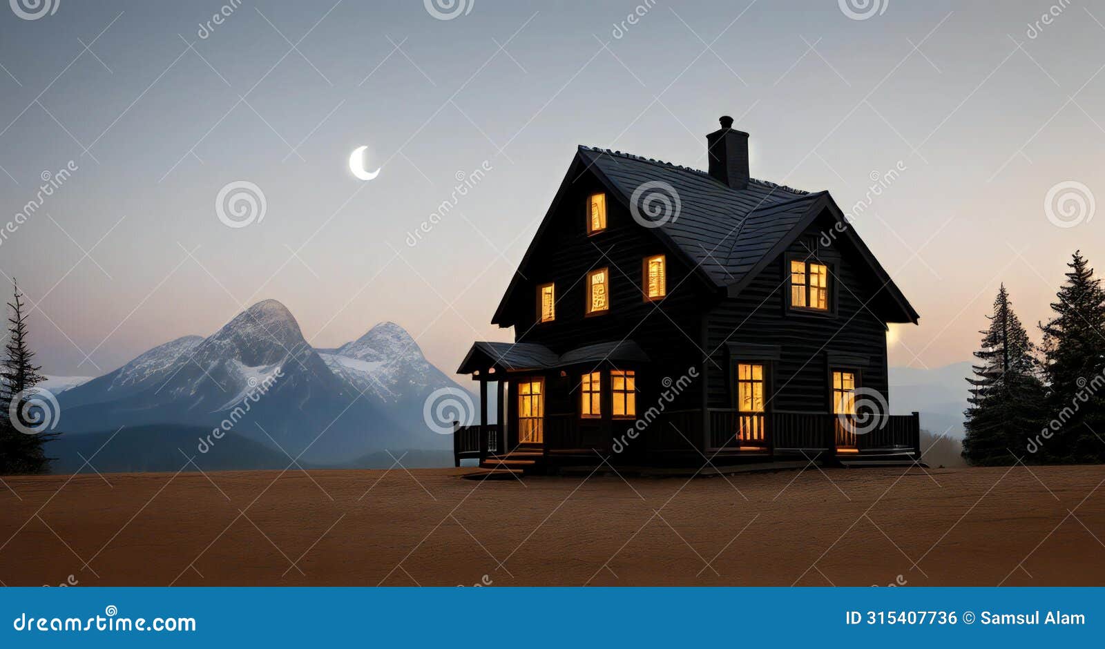 Cozy Illuminated Cabin at Twilight with Mountains in the Background a ...