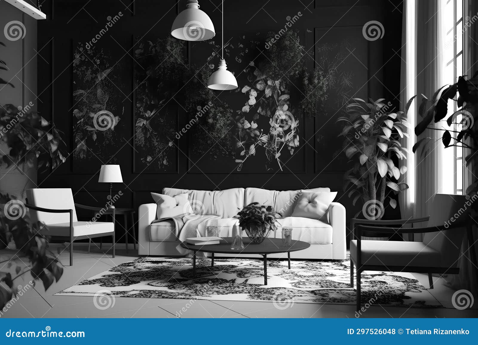 Cozy Interior of Living Room with White Coach. Black and White Image ...