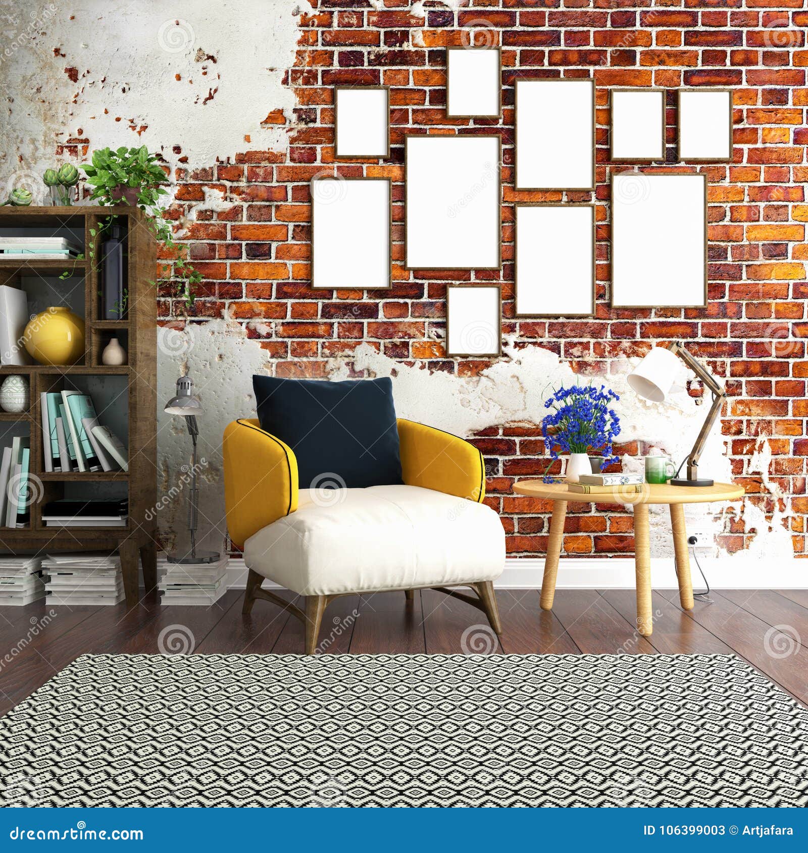 Cozy Interior Poster Mock Up With Old Brick Wall Stock Image ...
