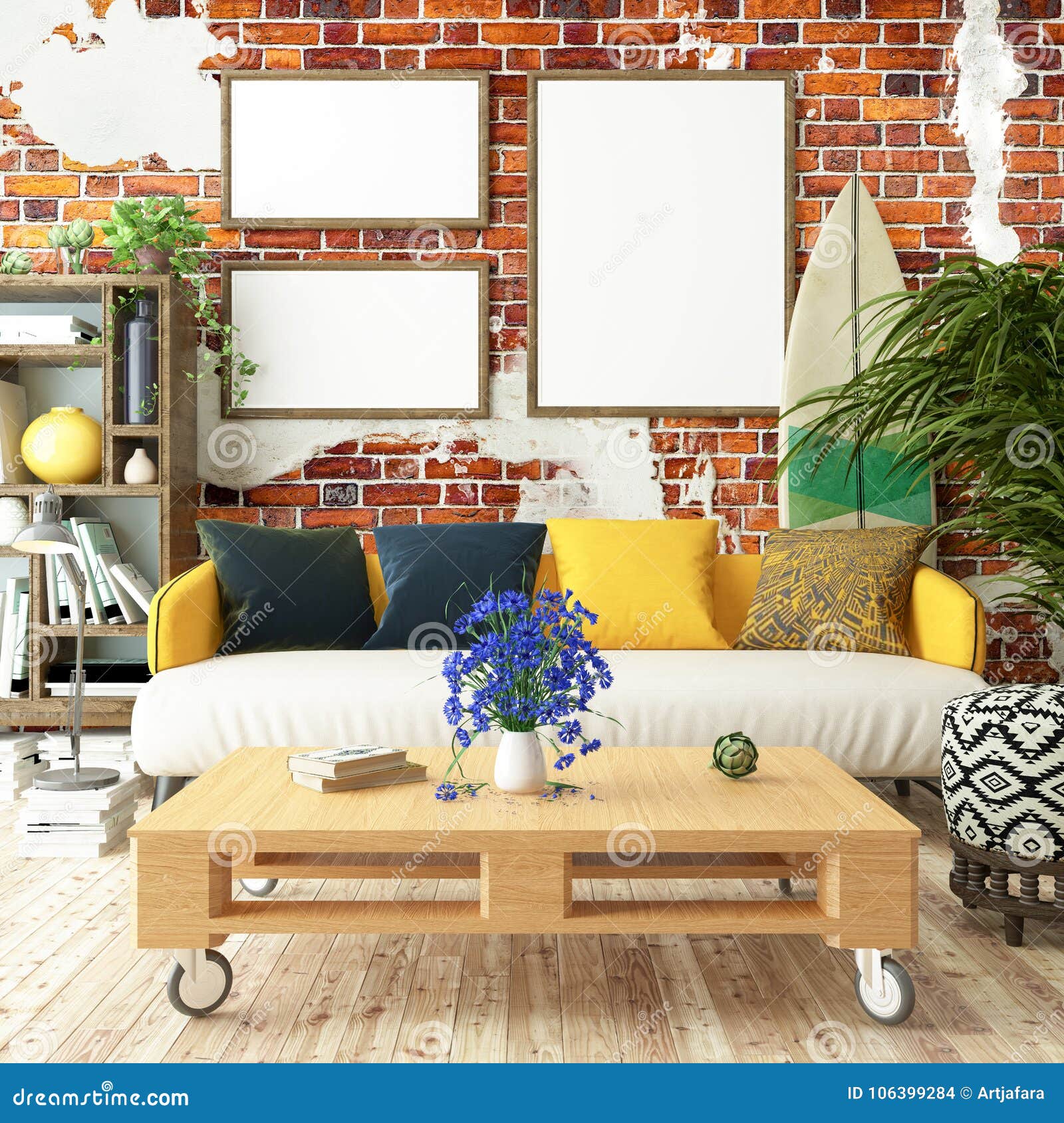 Cozy Interior Poster Mock Up with Old Brick Wall Stock Illustration ...