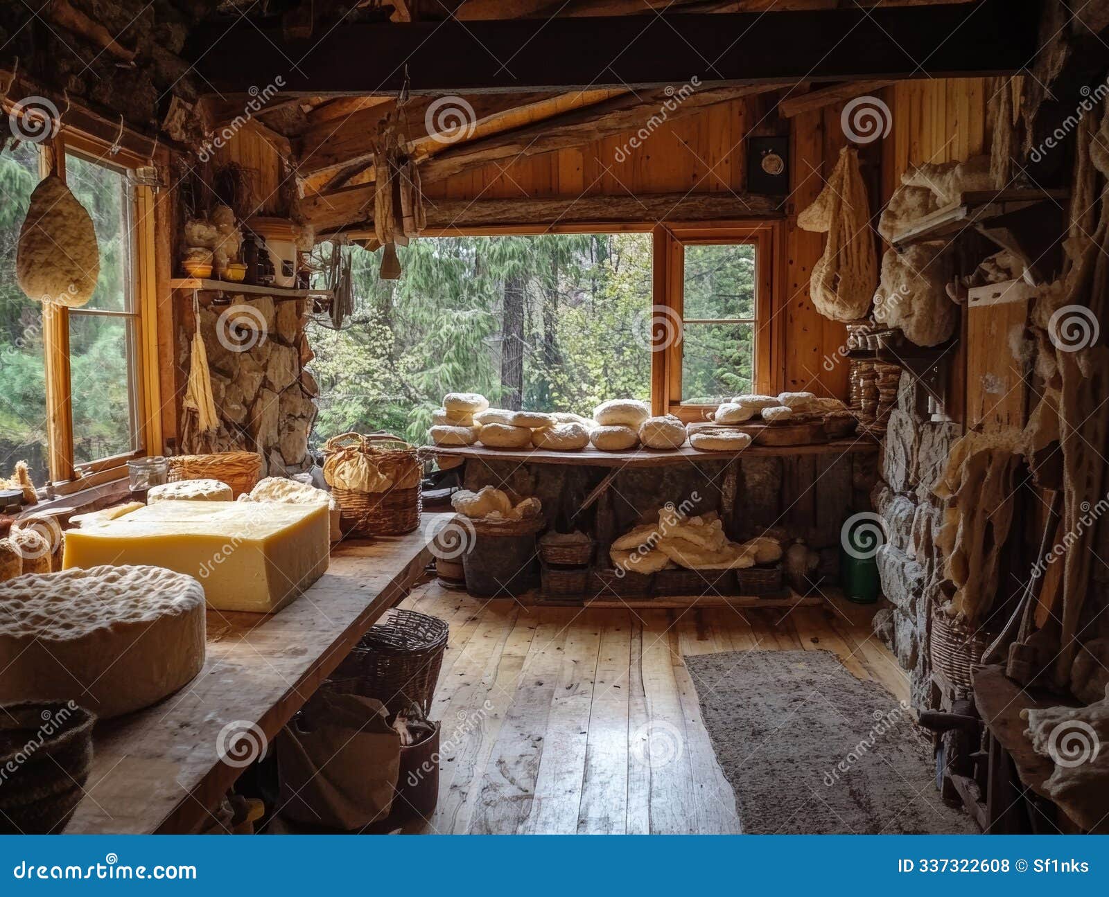 Cozy Interior of a Rustic Cheese Cellar Filled with Various Cheeses ...