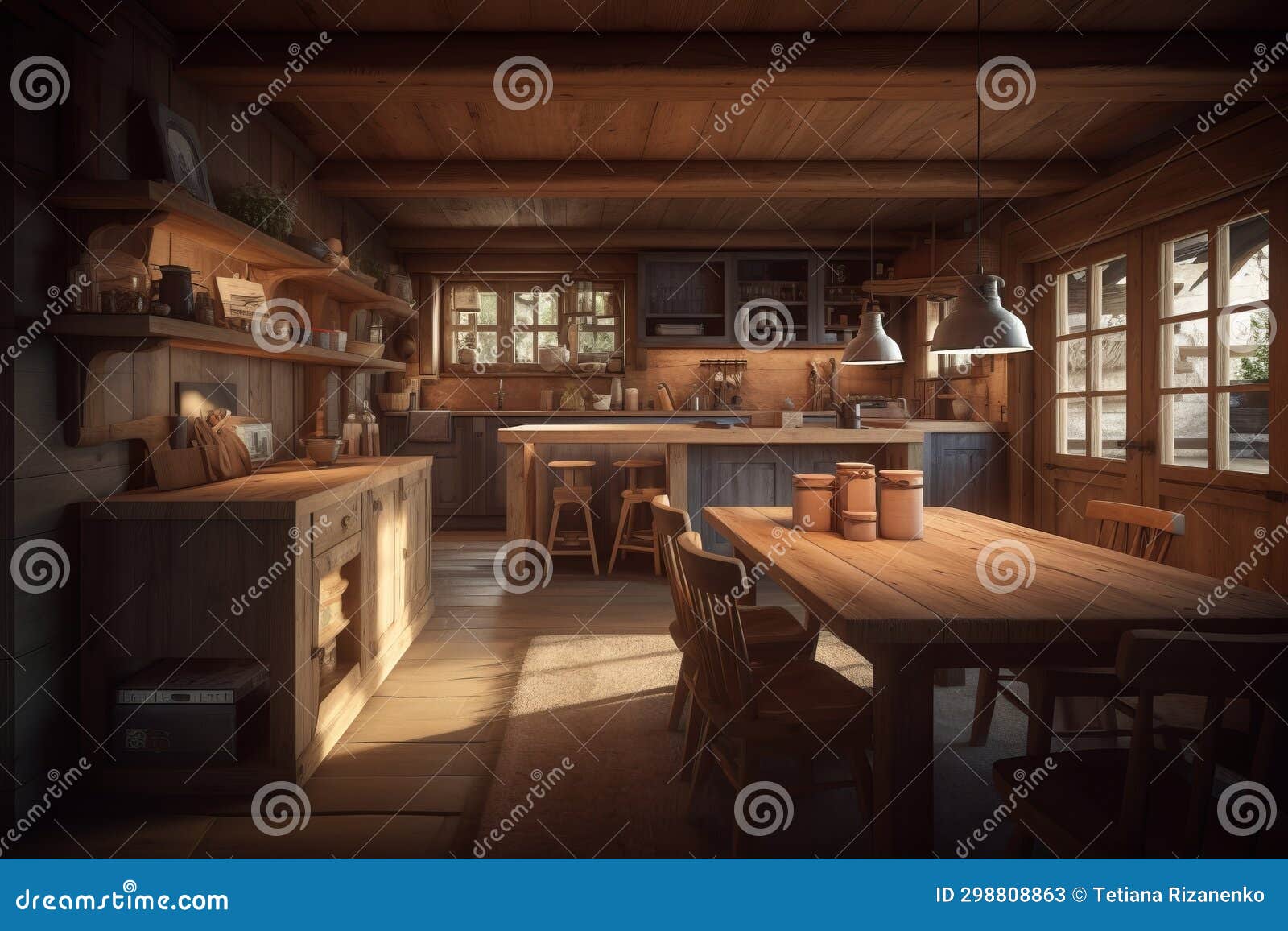 Cozy Interior of Traditional Kitchen in Swiss Chalet Stock Illustration ...